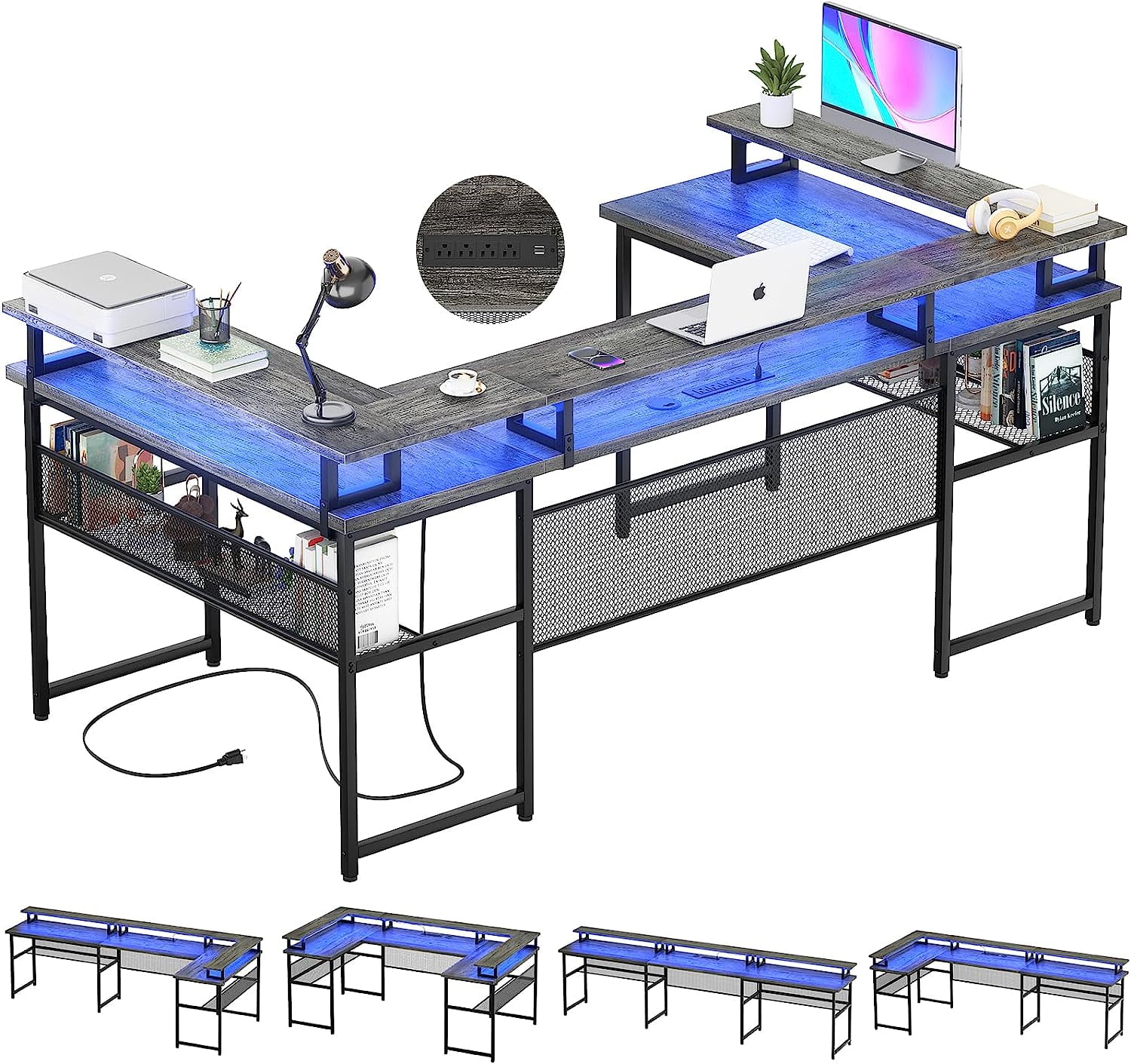 Homieasy U Shaped Gaming Desk with Shelves, Power Outlet, LED Strips ...