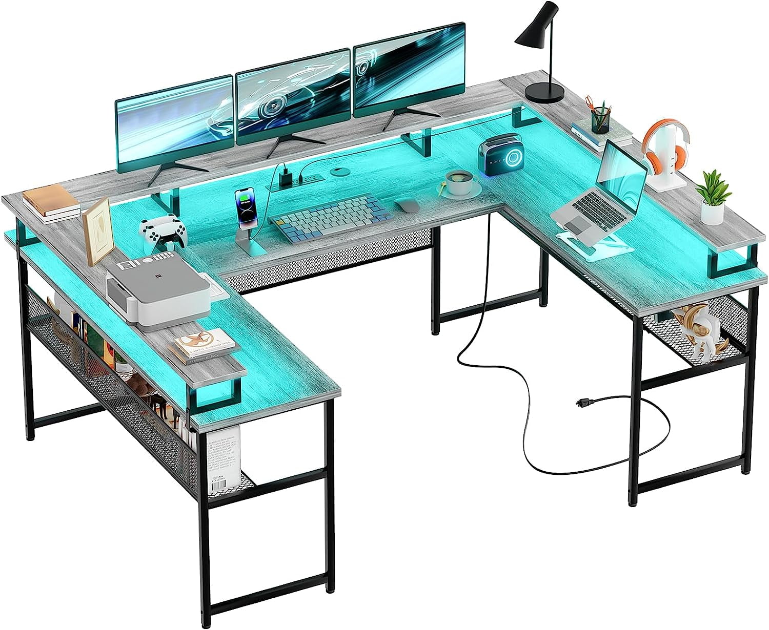 Homieasy 83 inch U Shaped Gaming Desk with Monitor Stand, LED Strips ...