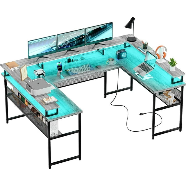 Homieasy 83 inch U Shaped Gaming Desk with Monitor Stand, LED Strips ...