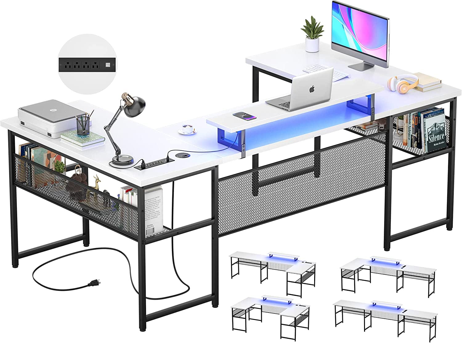 Homieasy U Shaped Gaming Desk with LED, Power Outlet, Storage Shelf ...