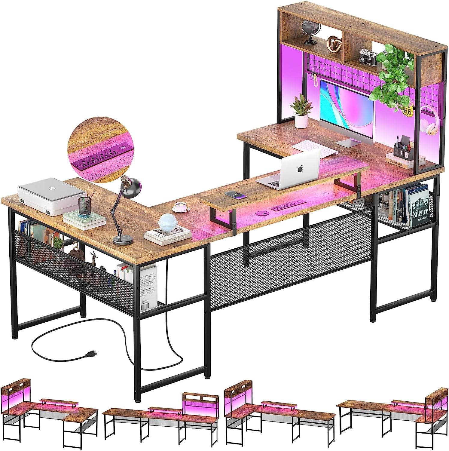 Homieasy 83'' U-Shaped Desk with Power Outlet, LED Strips, Hutch ...