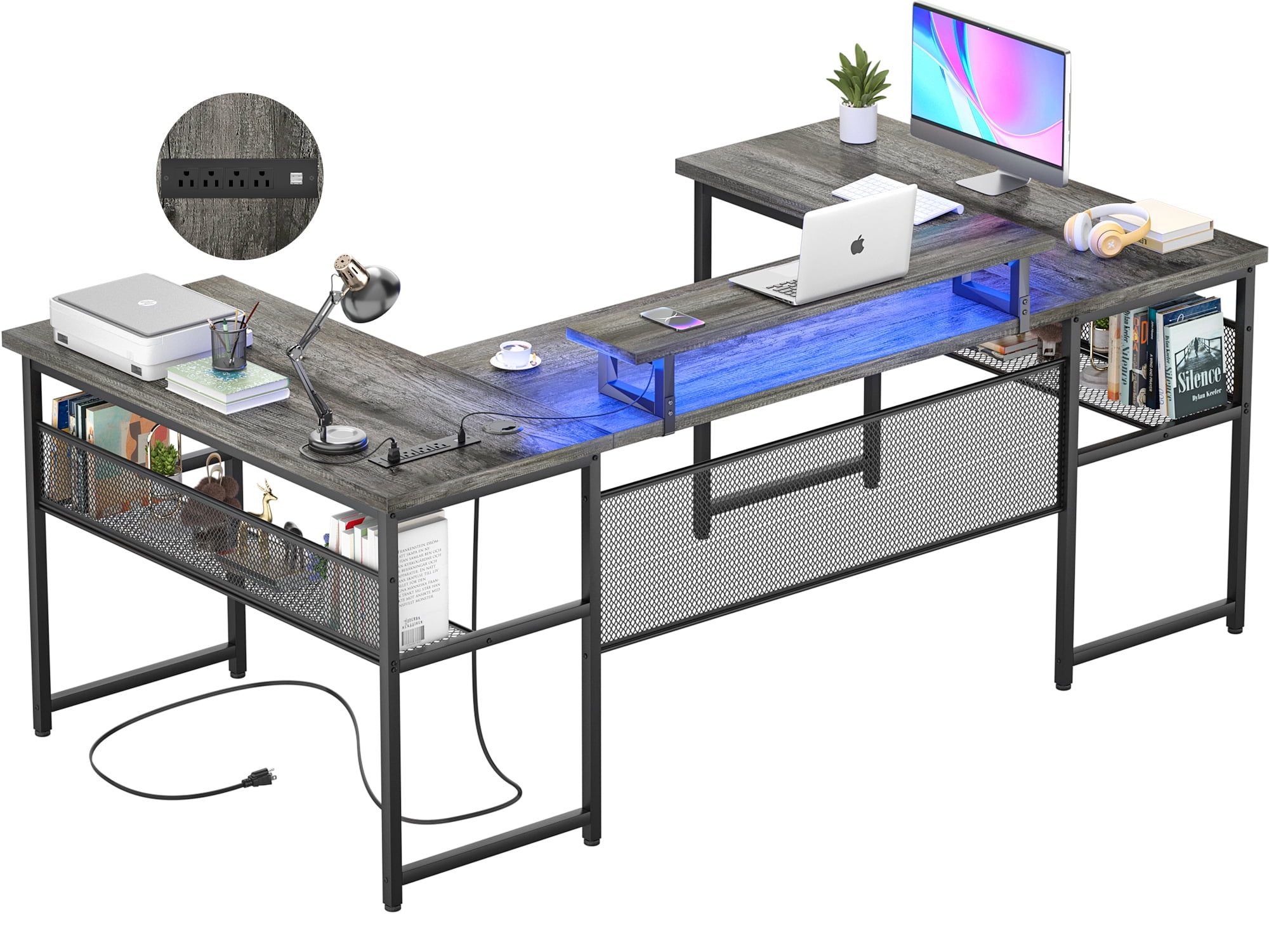 Homieasy Gamer Set-Up: U Shaped Office Desk with Charging Ports, LED ...
