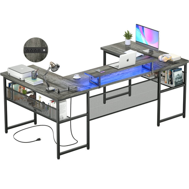 Homieasy Gamer Set-Up: U Shaped Office Desk with Charging Ports, LED ...