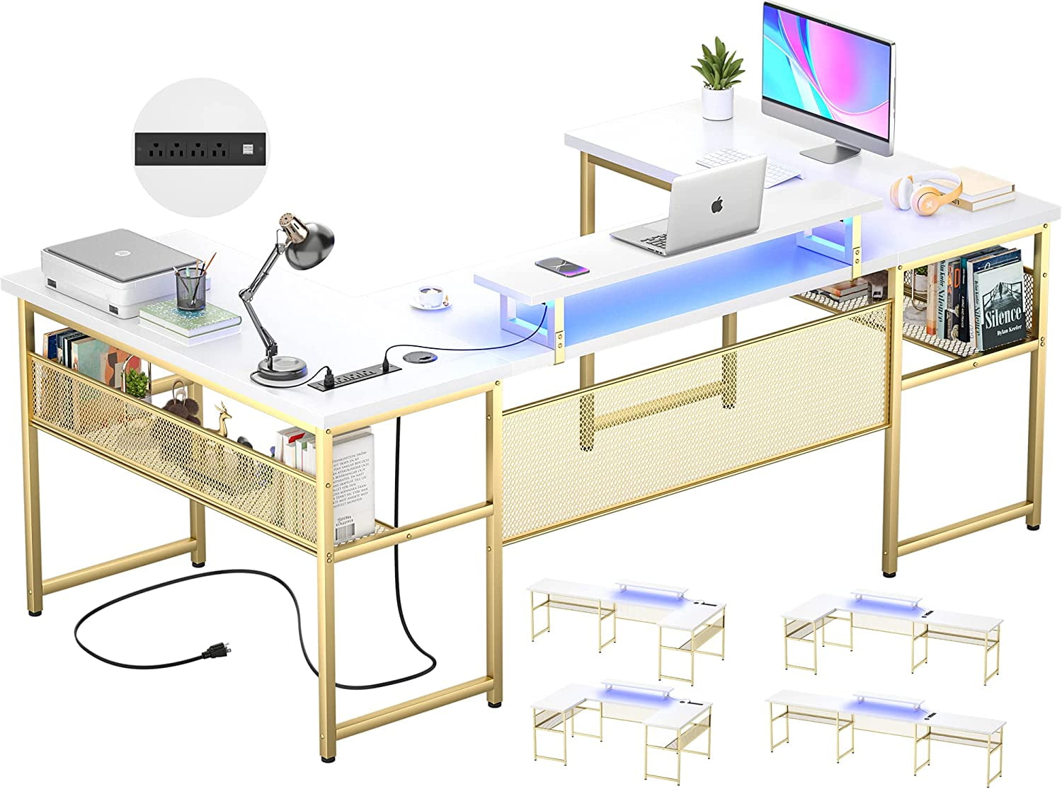 Homieasy U Shaped Desk with Power Outlet, LED Strips, Multiple Shelves ...