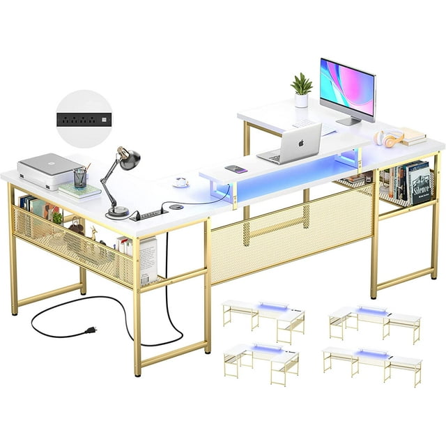 Homieasy U Shaped Desk with Power Outlet, LED Strips, Multiple Shelves ...