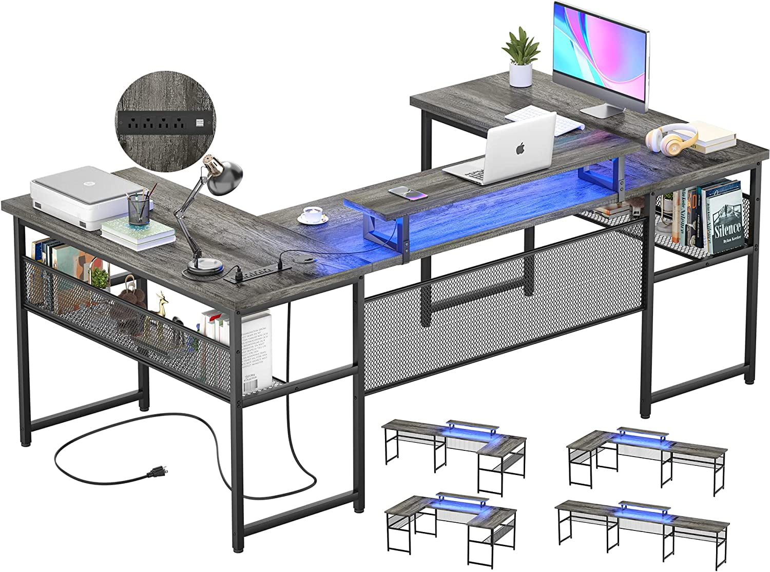 Homieasy U Shaped Desk with Power Outlet and LED Strips, Reversible ...
