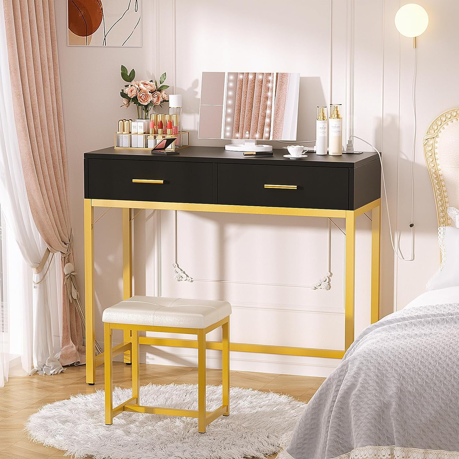 Homieasy Vanity Desk with Charging Station, Makeup Vanity with Lighted ...