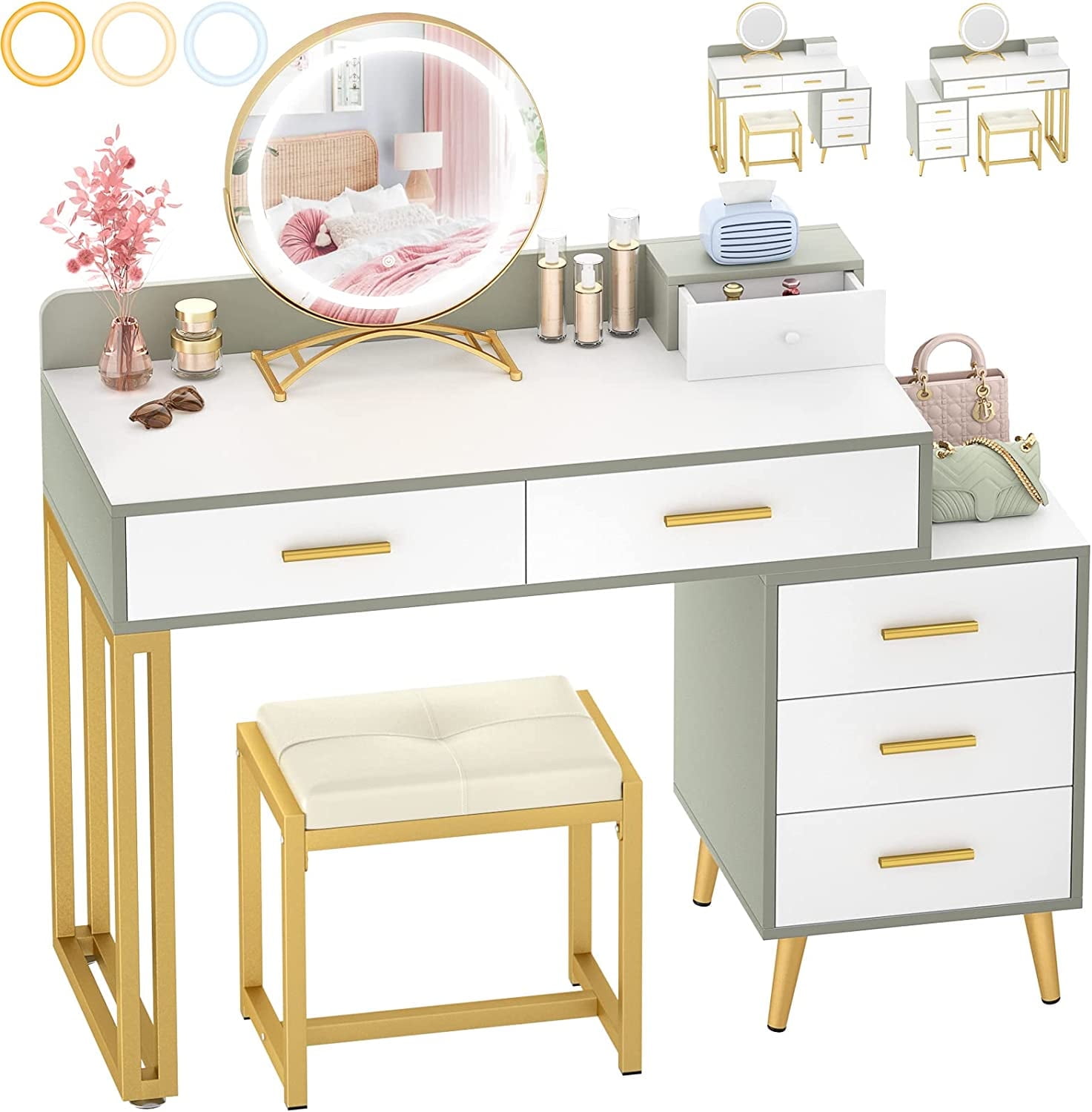 Homieasy Large Vanity Desk, LED Lighted Mirror, 6 Drawers, Soft Stool ...