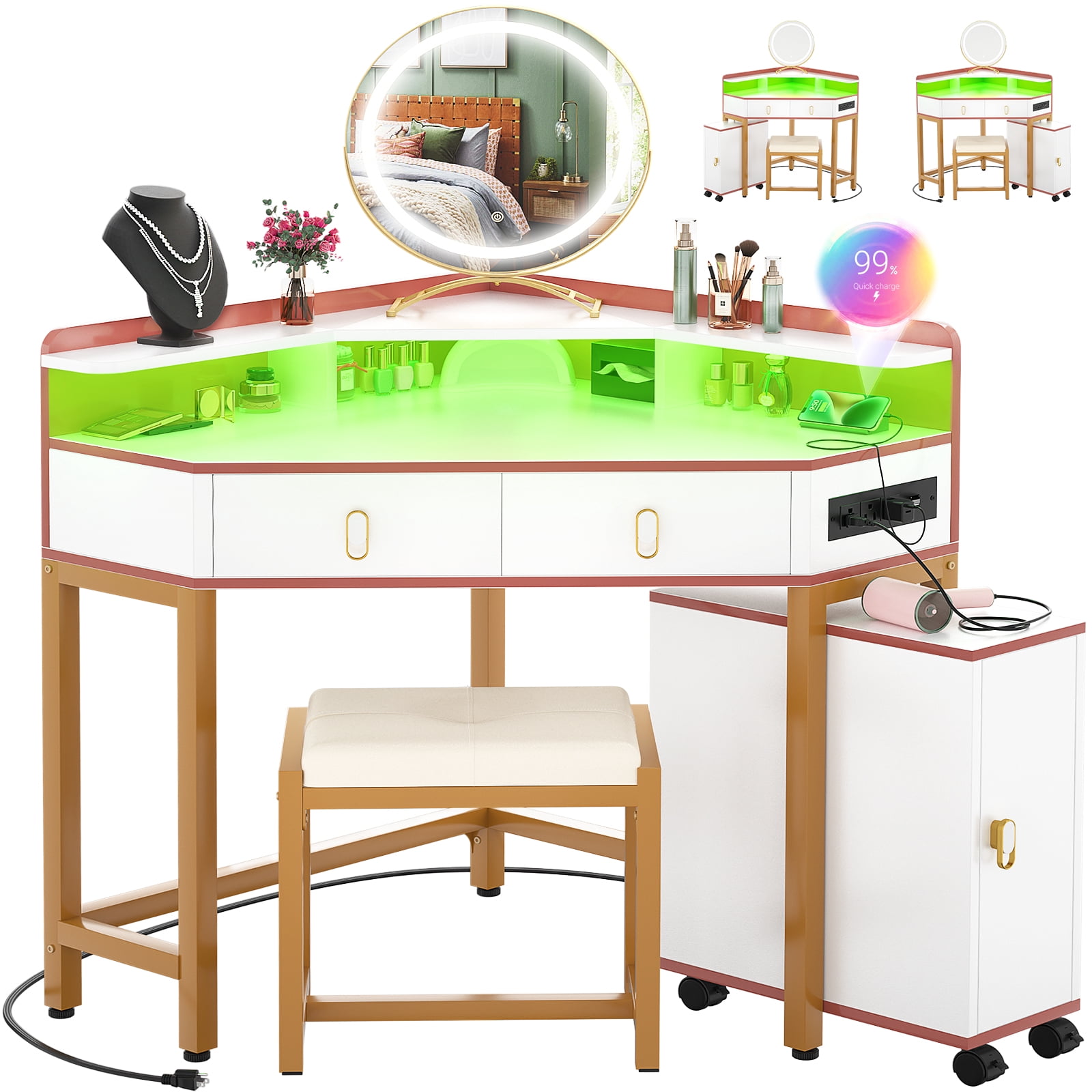 Homieasy Vanity Desk with Lighted Mirror, Reversible Table, 2 Drawers ...