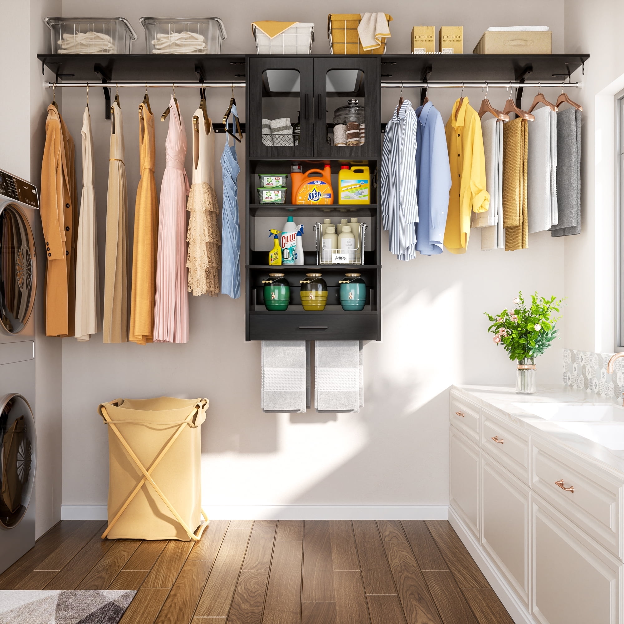 Homieasy Wall Cabinet with Hanging Rods and Drawer, 65''W Laundry ...