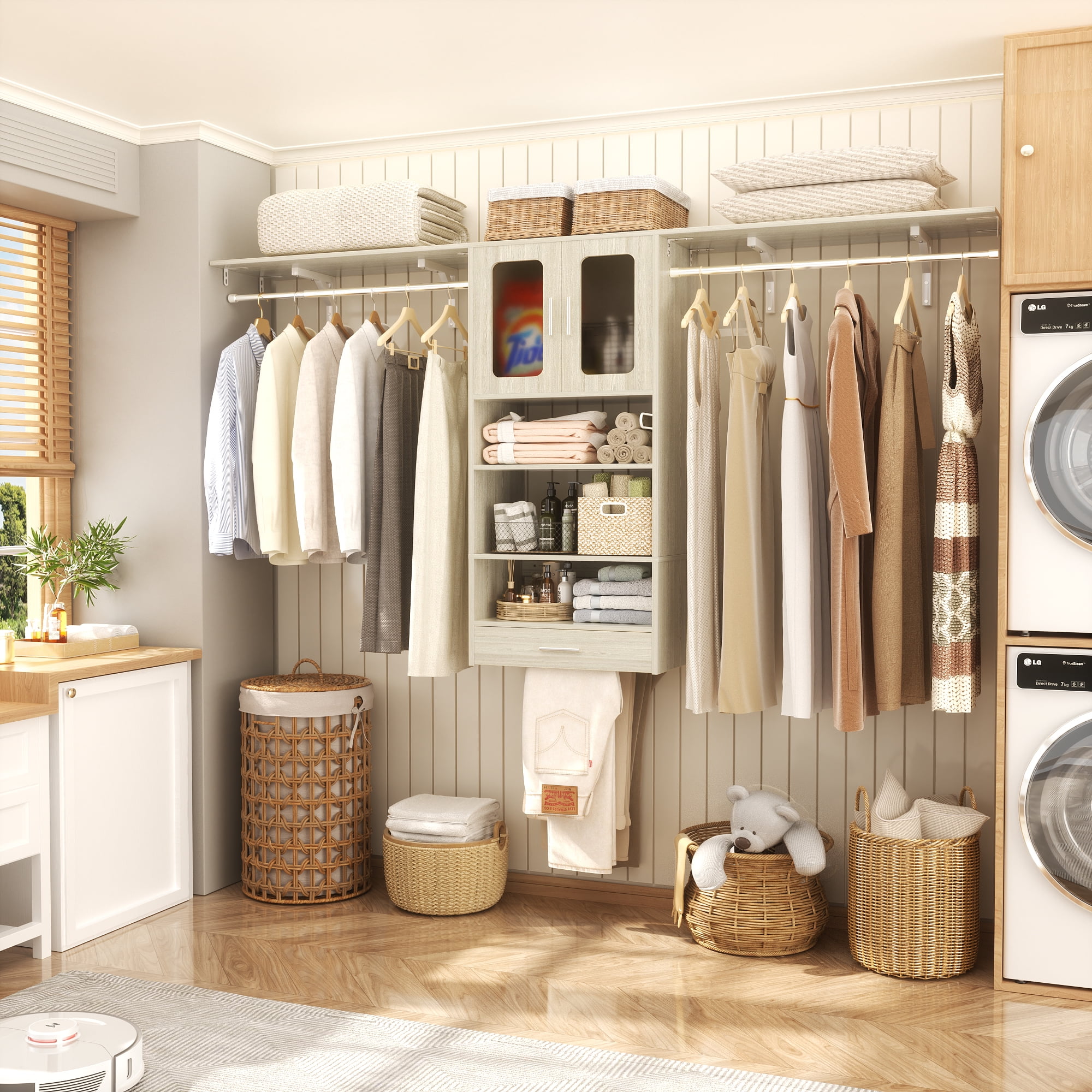 Homieasy Wall Cabinet with Hanging Rods and Drawer, 65''W Laundry ...