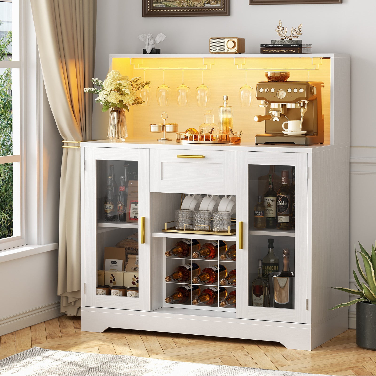 Homieasy Wine Bar Cabinet with LED Lights and Outlets, Liquor Bar ...