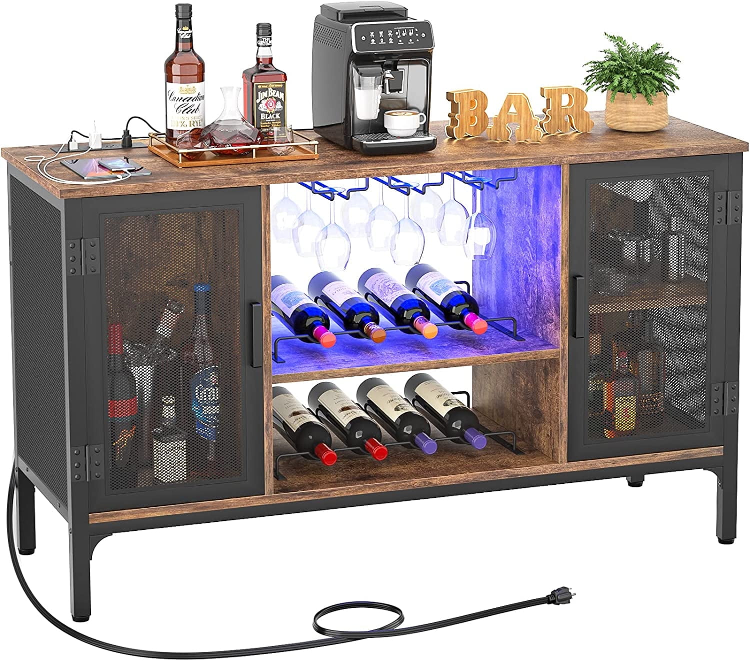 Homieasy Wine Bar Cabinet with Power Outlets & LED Lights, Industrial ...