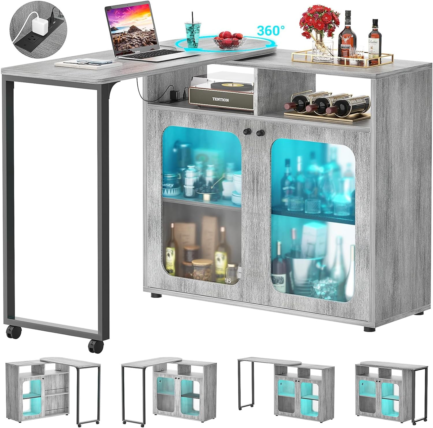 Homieasy Wine Cabinet with Charging Station and LED Light, Rotating ...