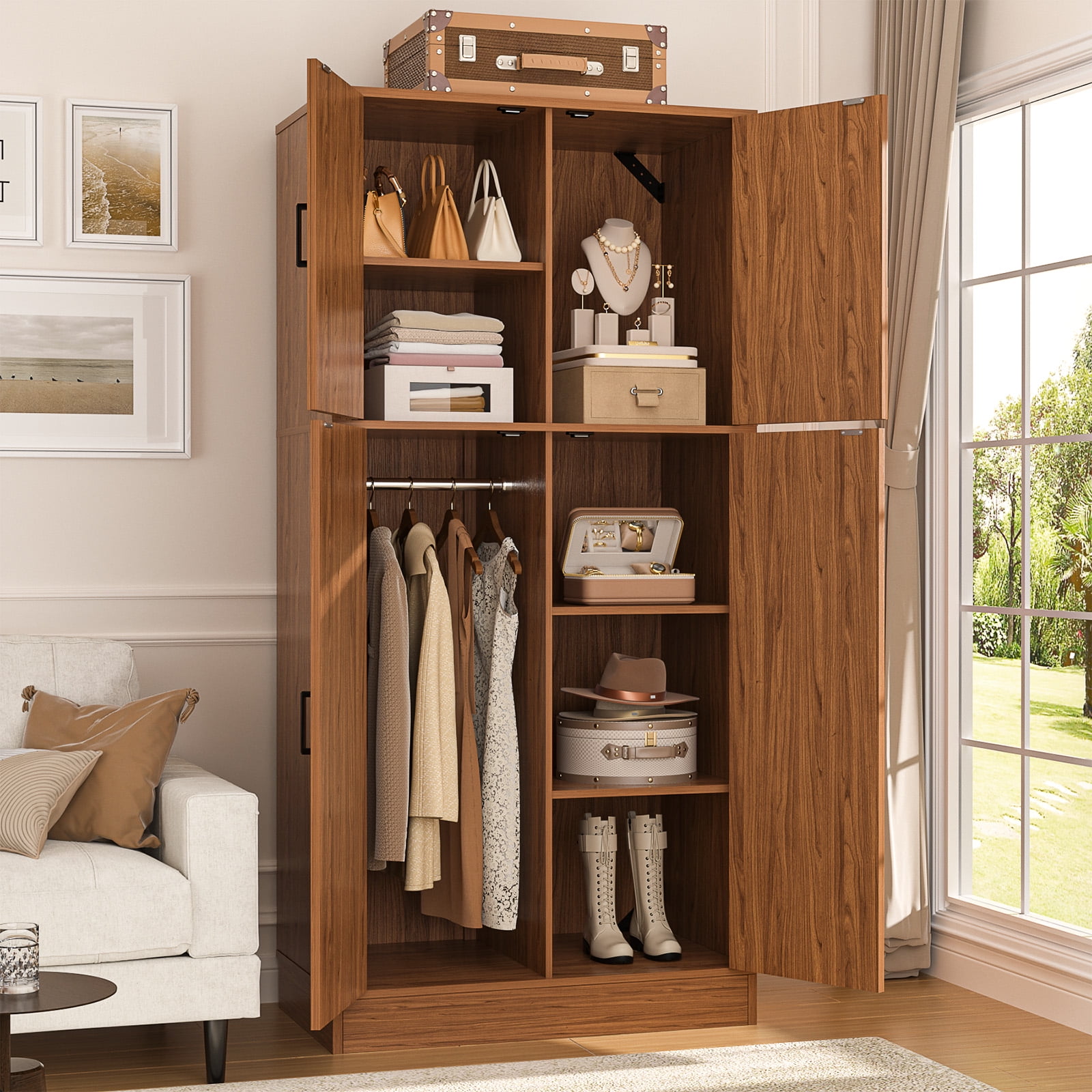 Homieasy Wooden Armoire Wardrobe Closet with 4 Doors, 70.9'' Tall ...