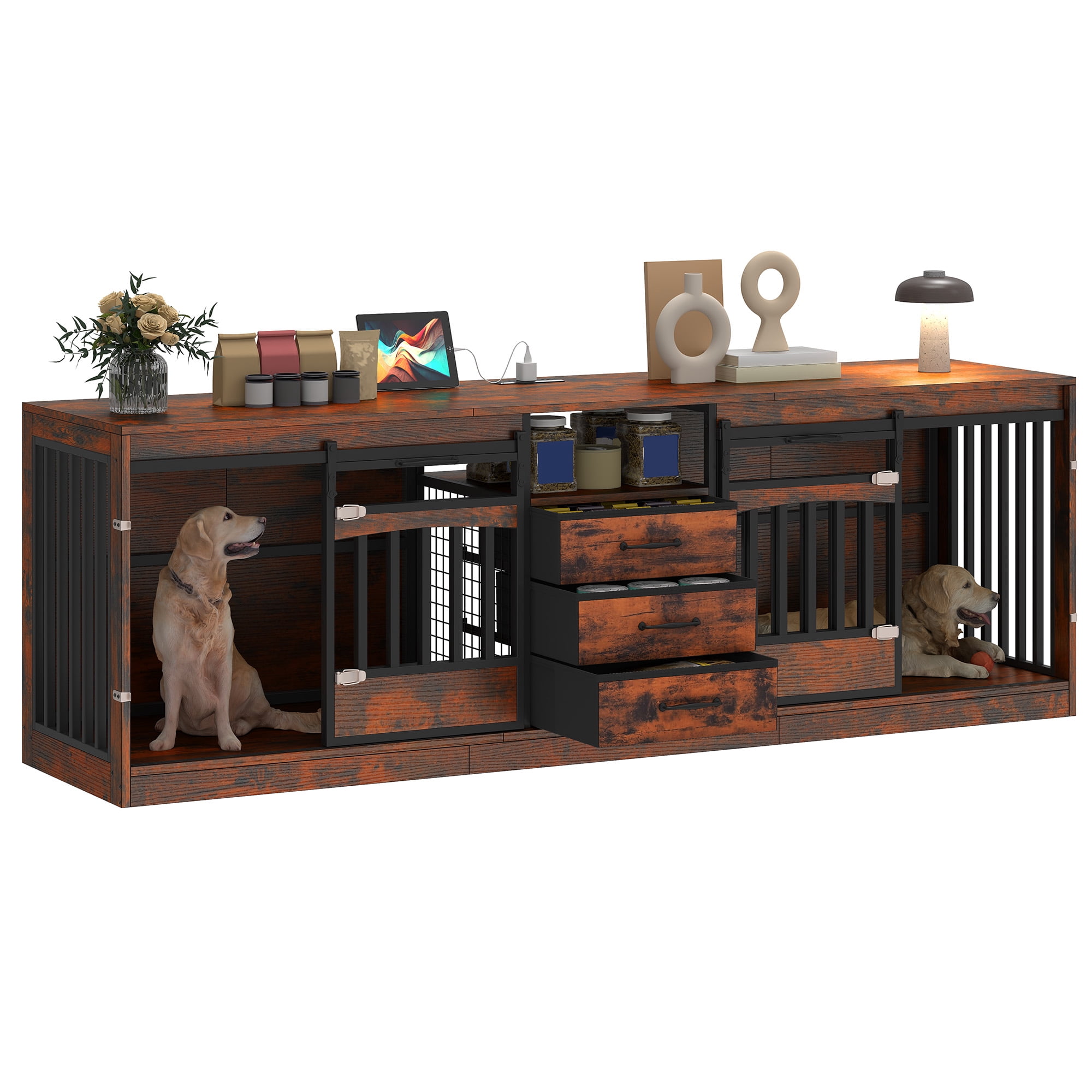 Homiflex 86" Large Double Dog Crate Furniture with 3 Storage Drawers ...