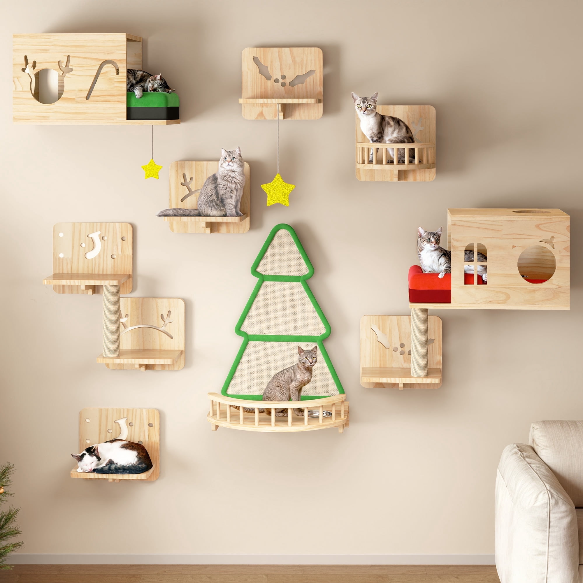 Homiflex Cat Wall Shelves and Perches Set, 16PCS Wood Wall Cat Shelf ...