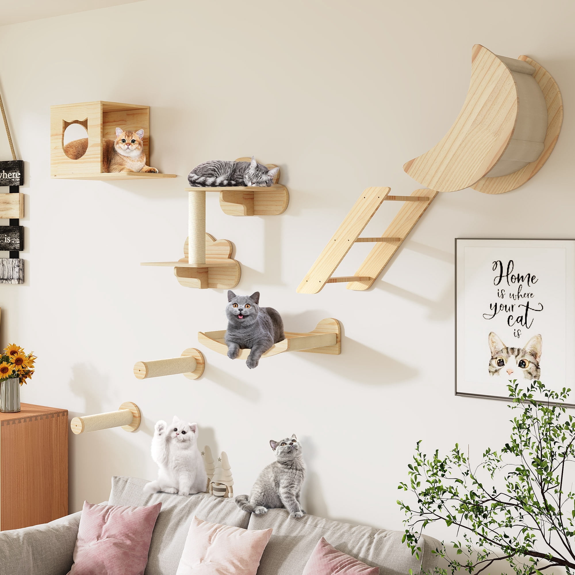 Homiflex Cat Wall Shelves and Perches Set, 8PCS Wood Wall Cat Shelf Cat ...