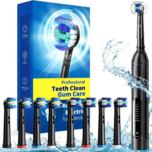 Rotating Electric Toothbrush for Adults with 8 Brush Heads (2 Types), 4 ...