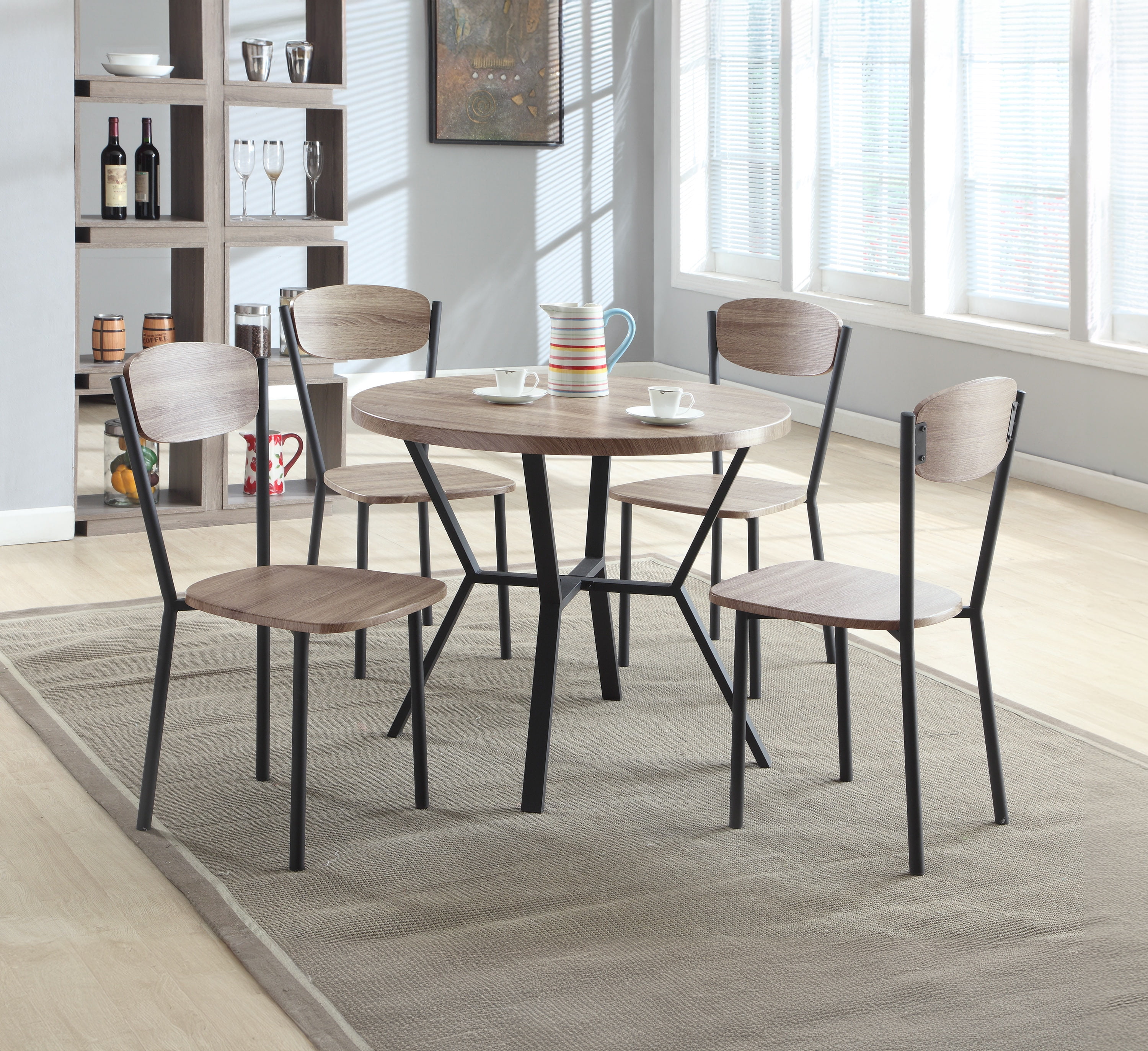 Homiyad 5-Piece Black Graywash Round Dining Set Table Chairs Rustic ...