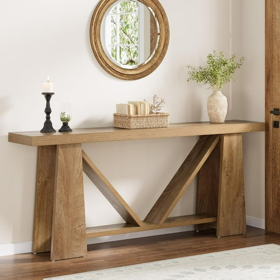Homiyad 70.9" Extra Long Farmhouse Console Table, Natural Brown Wood ...