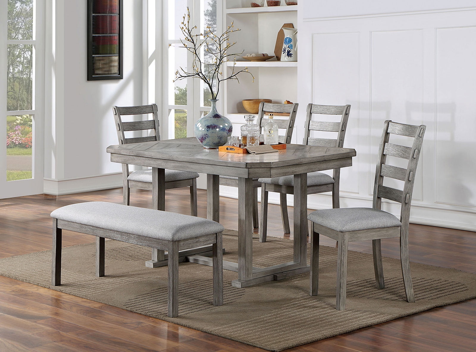 Homiyad Dining Table 4X Side Chairs Bench 6Pcs Dining Set Grey Finish ...