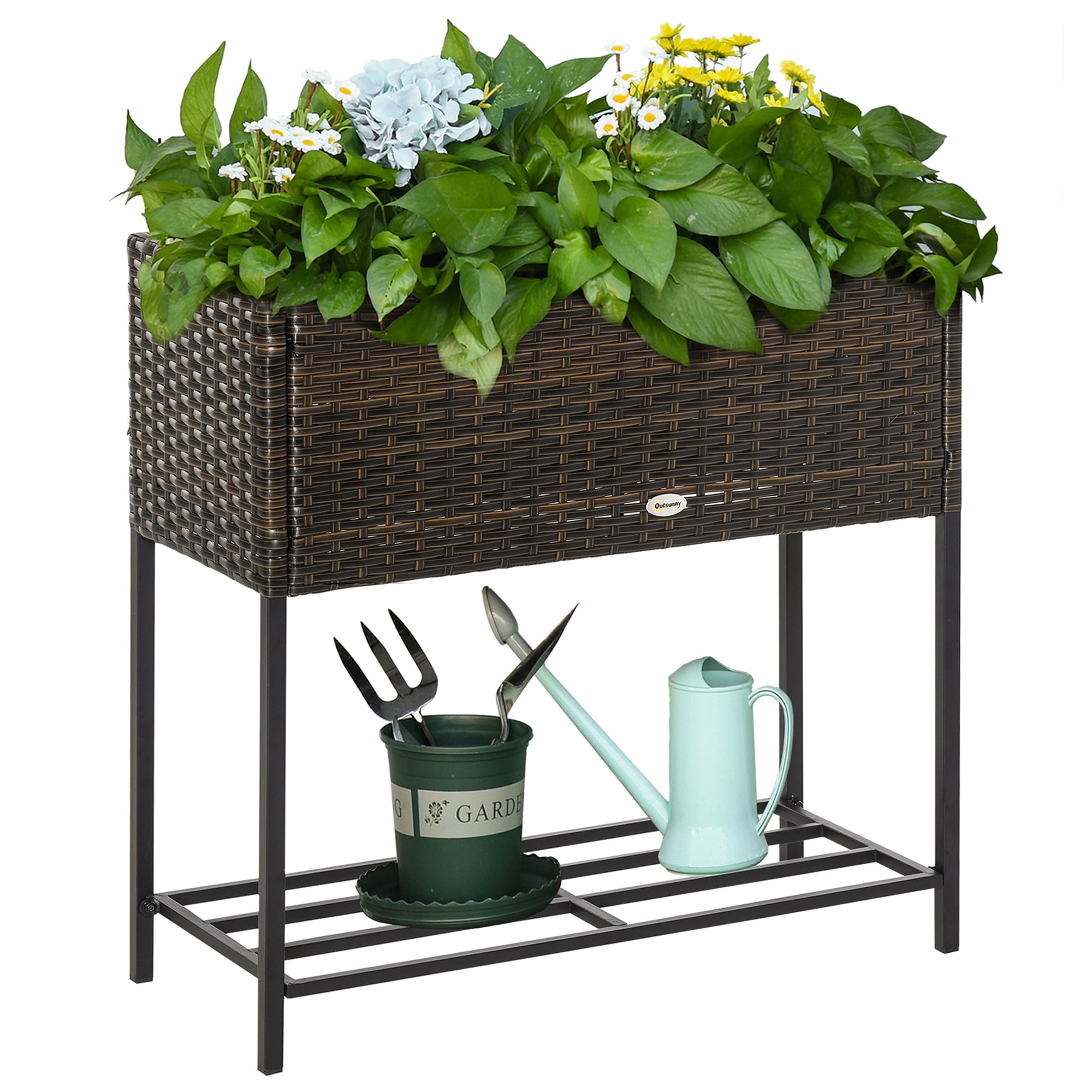 Homiyad Elevated Rattan Planter Box with Tool Storage, Indoor/Outdoor ...
