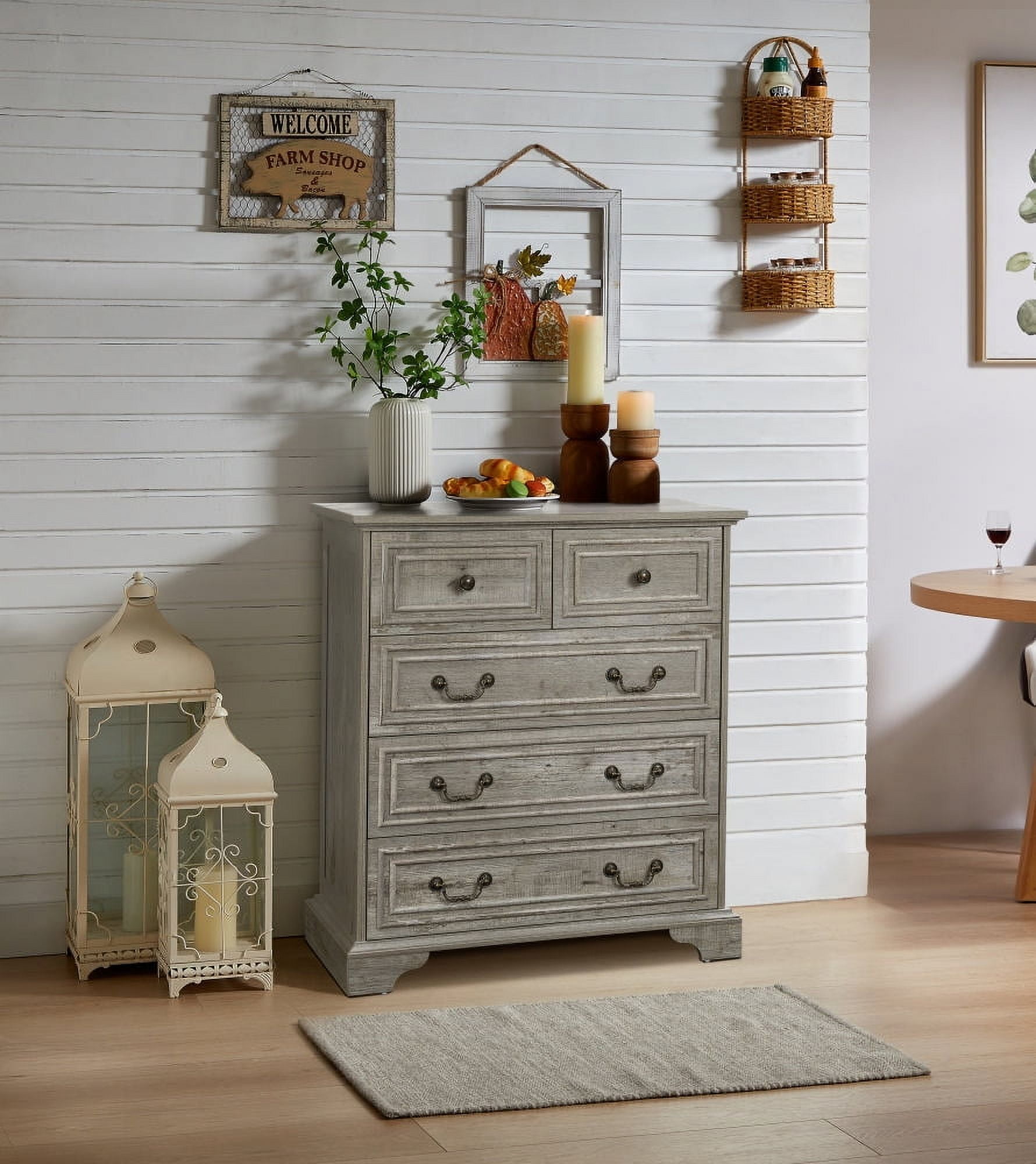 Homiyad Farmhouse 5 Drawers Dresser for Bedroom, Rustic Chest of ...