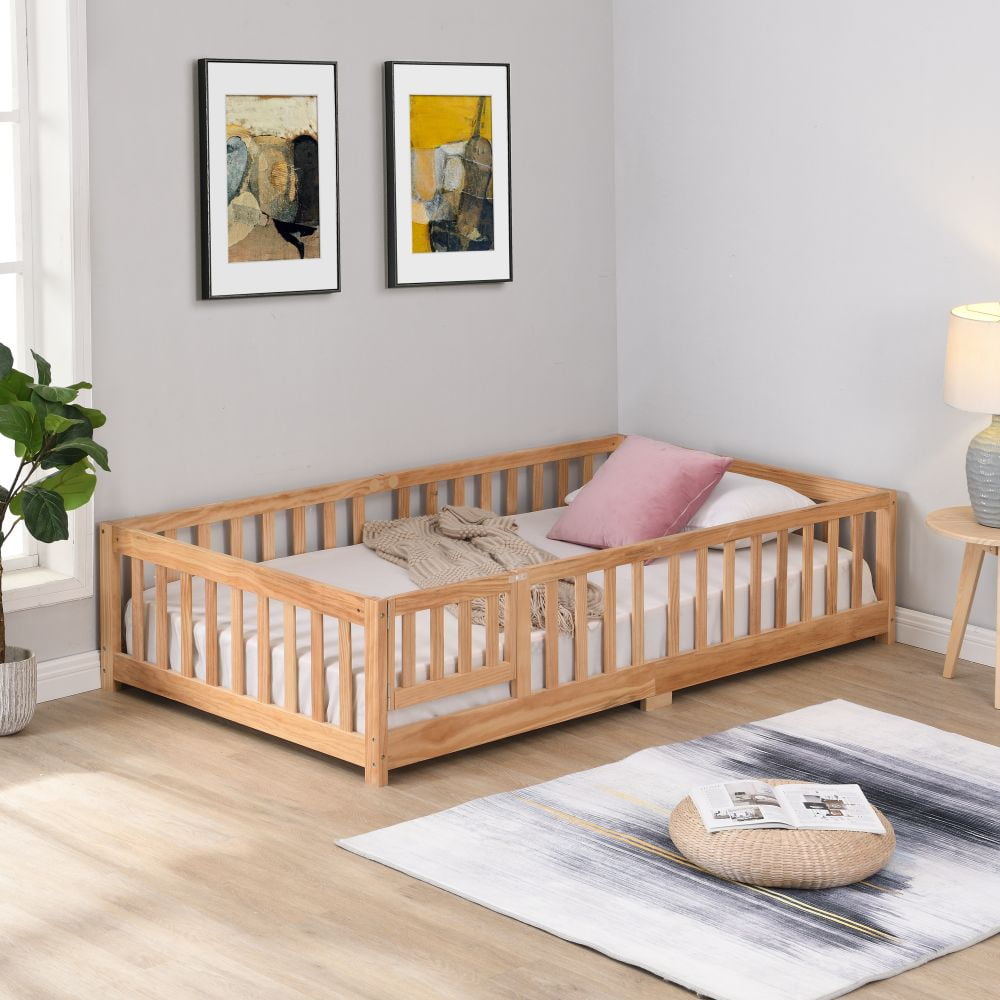 Homiyad Full Size Floor Bed with Door,Solid Wood Platform Bed Frame with Fence,Suitable for ...