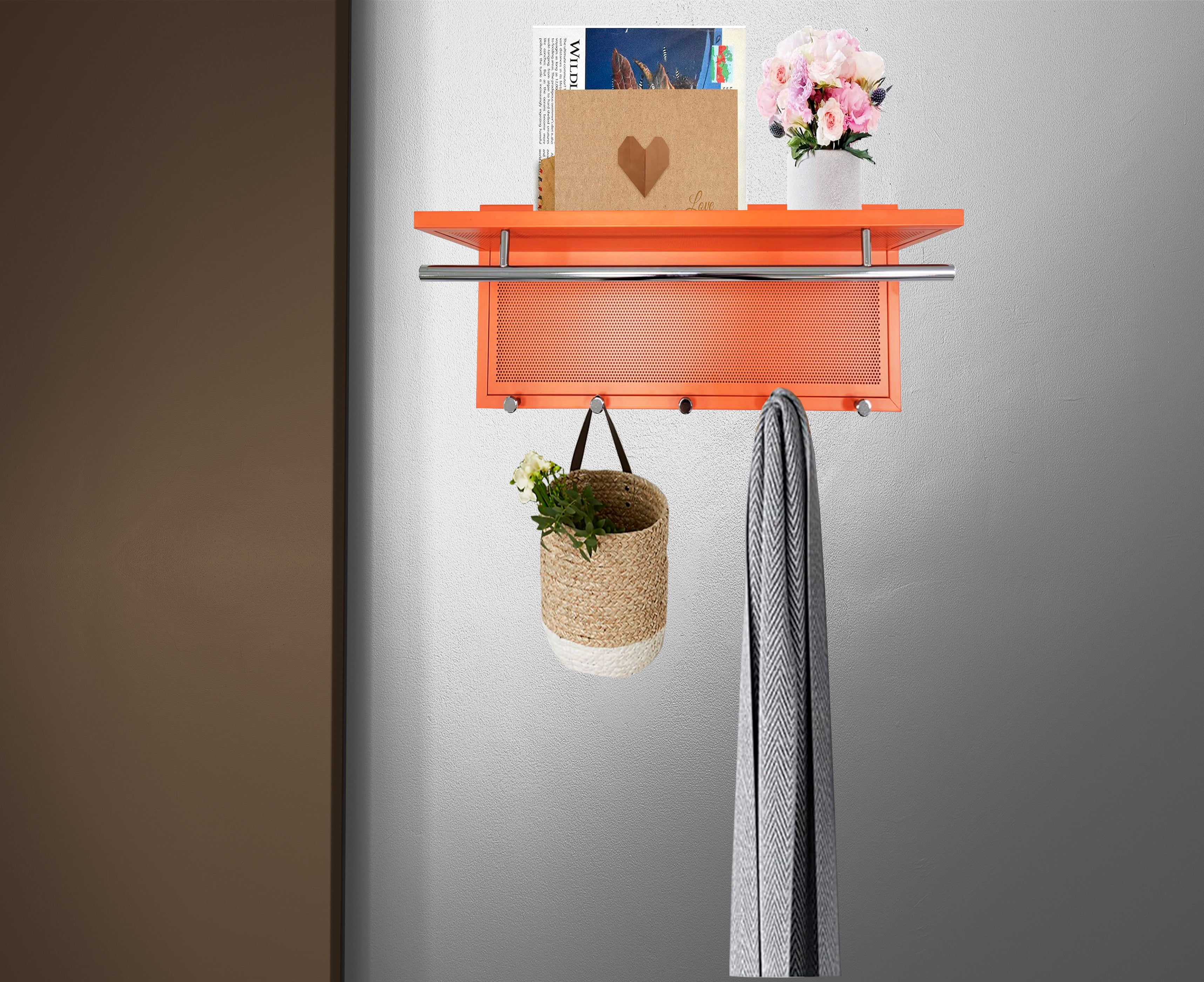 Homiyad Metal Powder Coating Hook Wall Mounted with Shelf in Orange ...