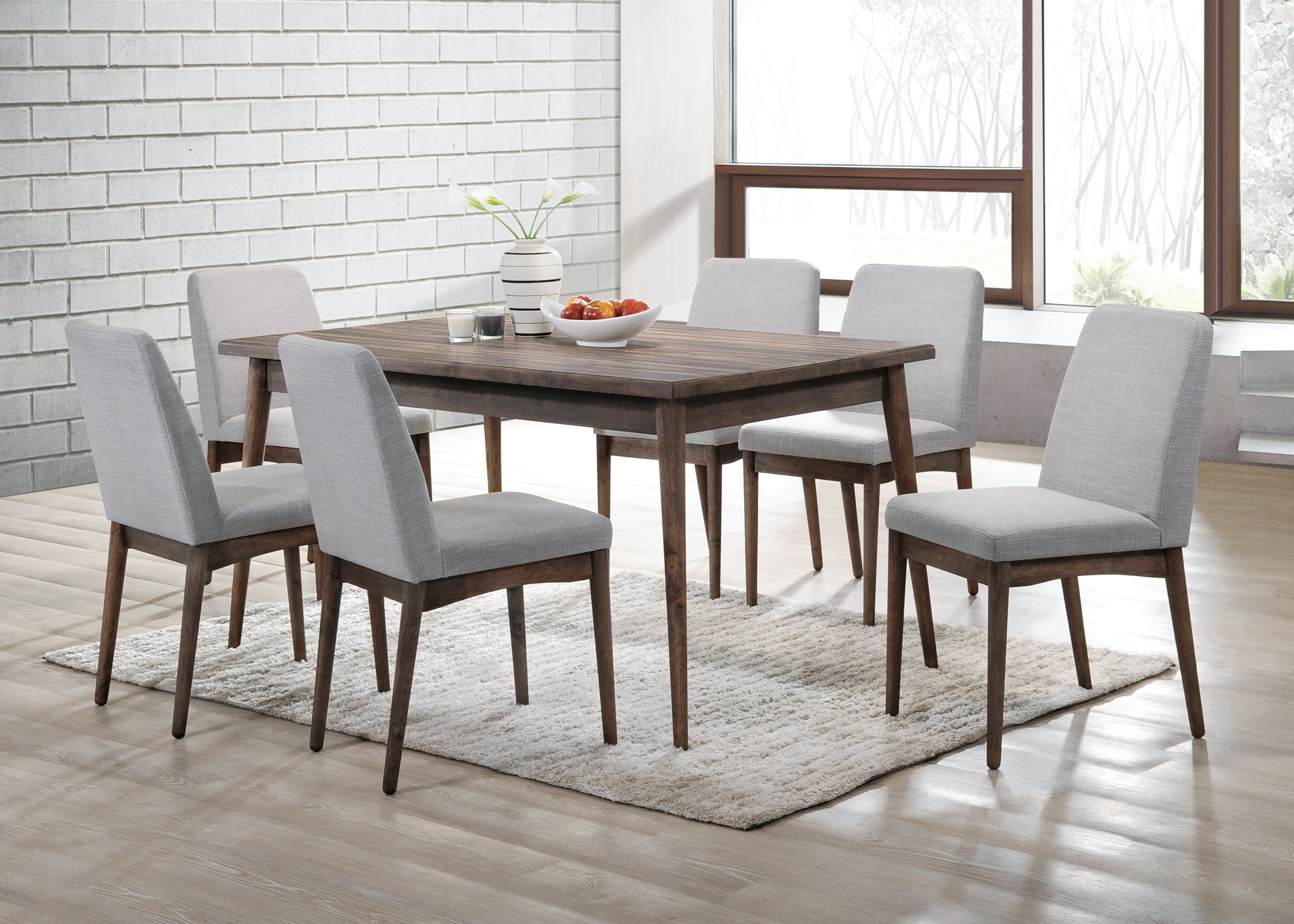 Homiyad Modern 7pc Dining Set Ash Walnut Finish Dining Table 6X Side Chairs Foam Cushion Fabric ...