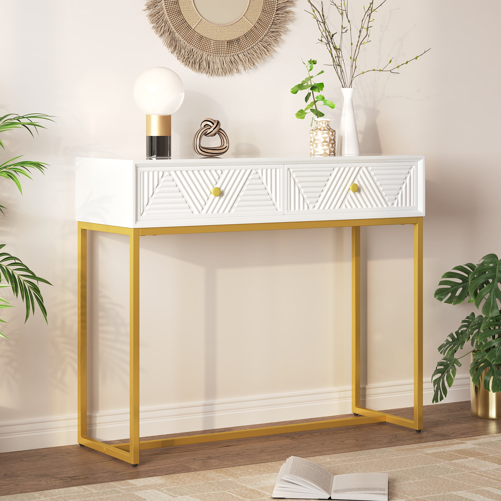 Homiyad Modern Sleek Console Table Two Drawers with Stripe Design for ...