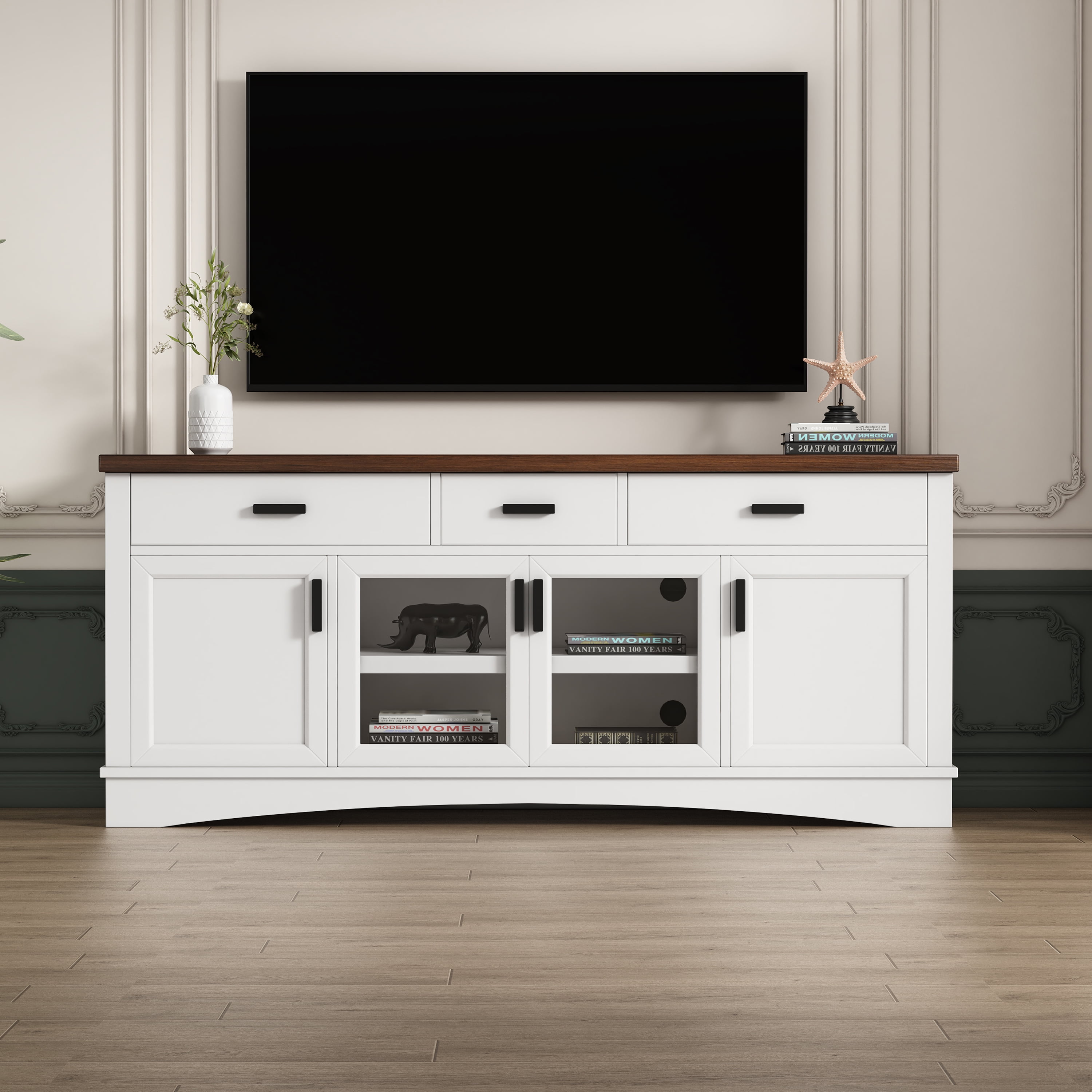 Homiyad Modern White TV Console, 67" Width TV Stand, Glass Doors ...