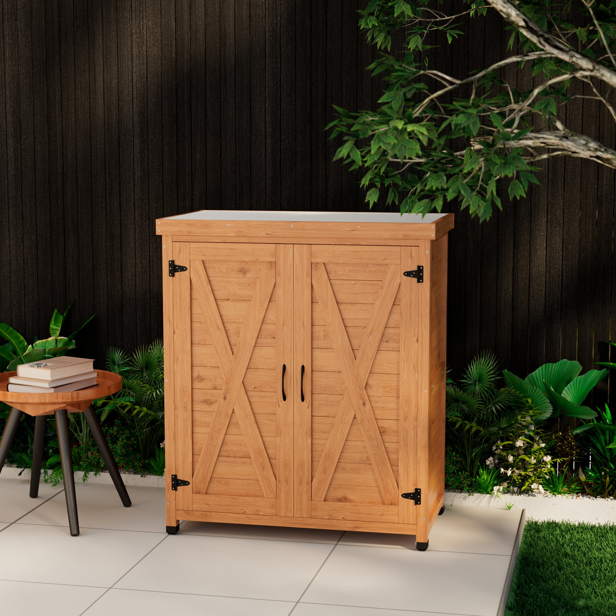 Homiyad Potting Bench with Storage Cabinet and Metal Table Top, Outdoor ...