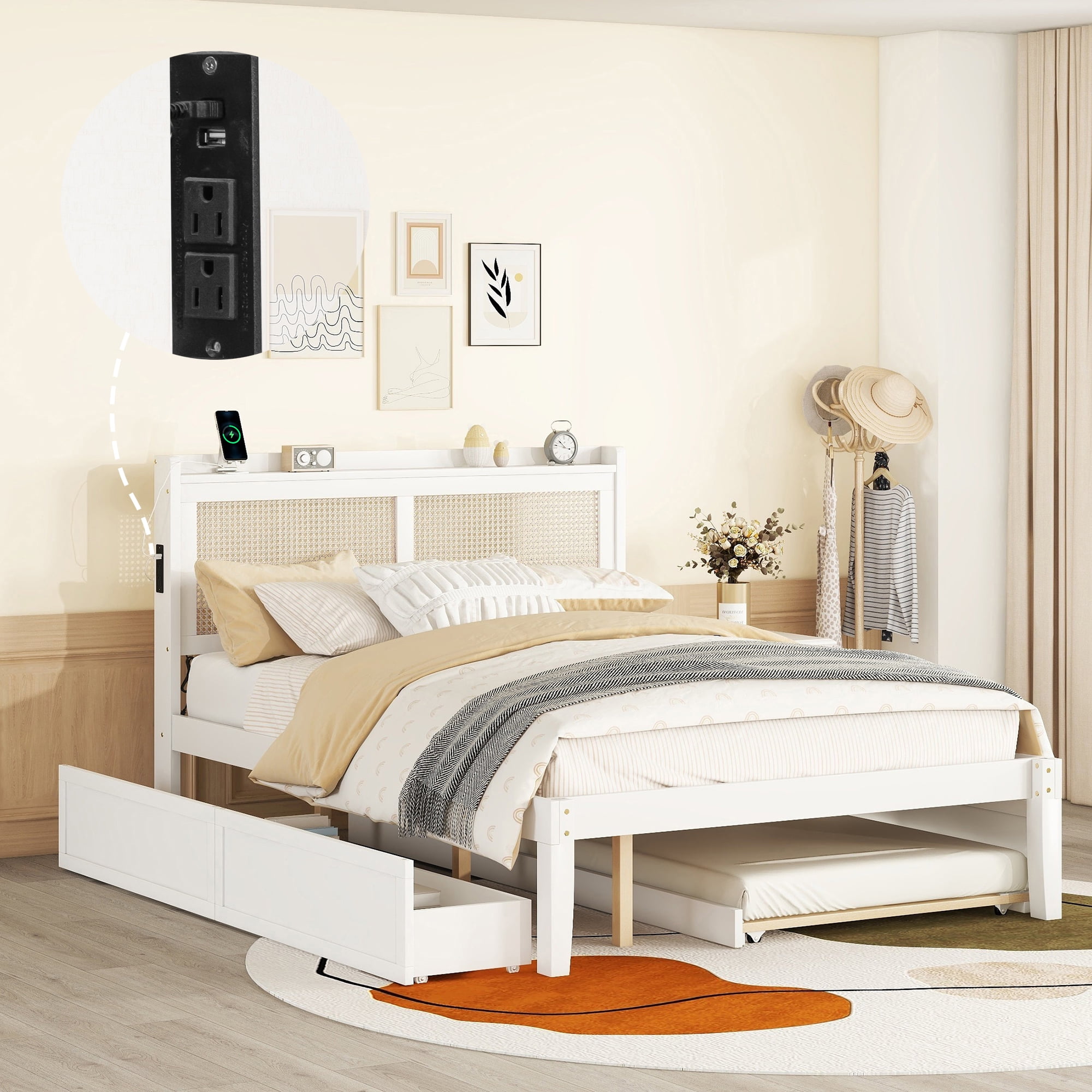 Homiyad Queen Size Elegant Bed Frame with Rattan Headboard and Sockets ...