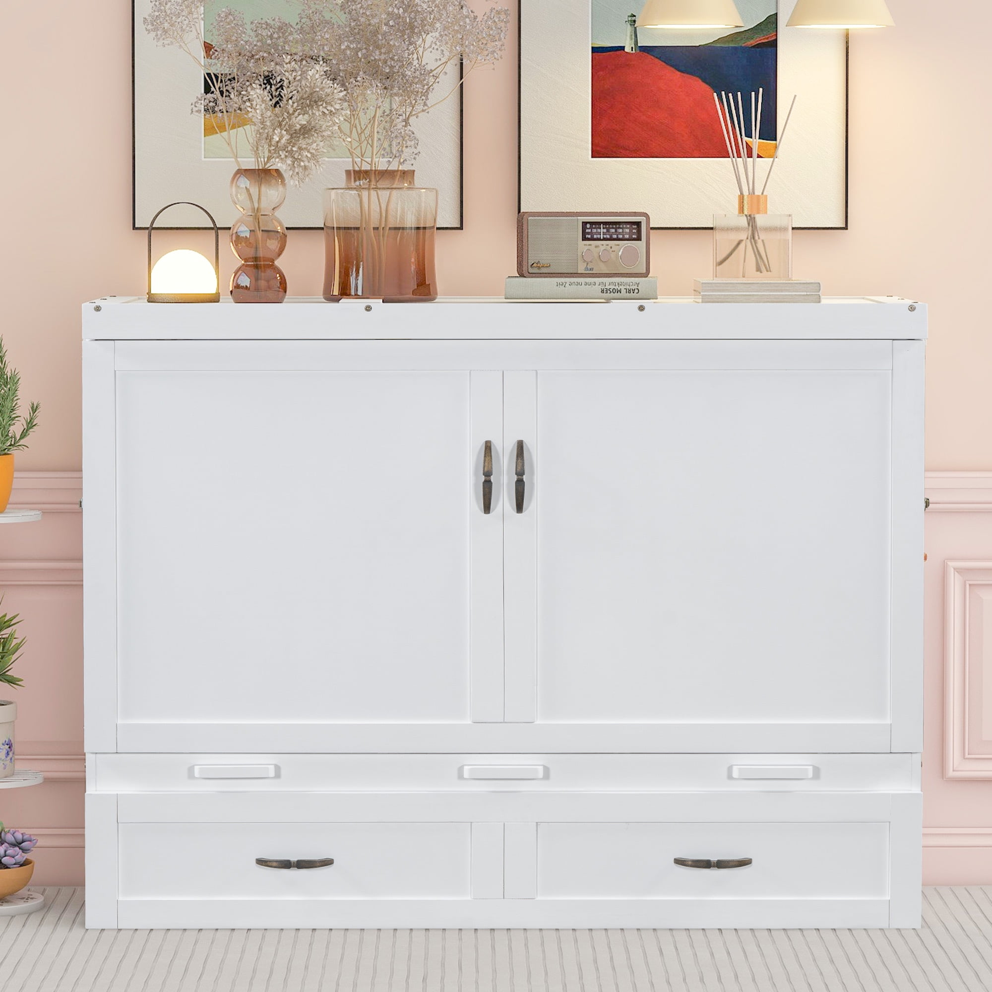 Homiyad Queen Size Murphy Bed with USB Ports, Large Drawers and Metal ...