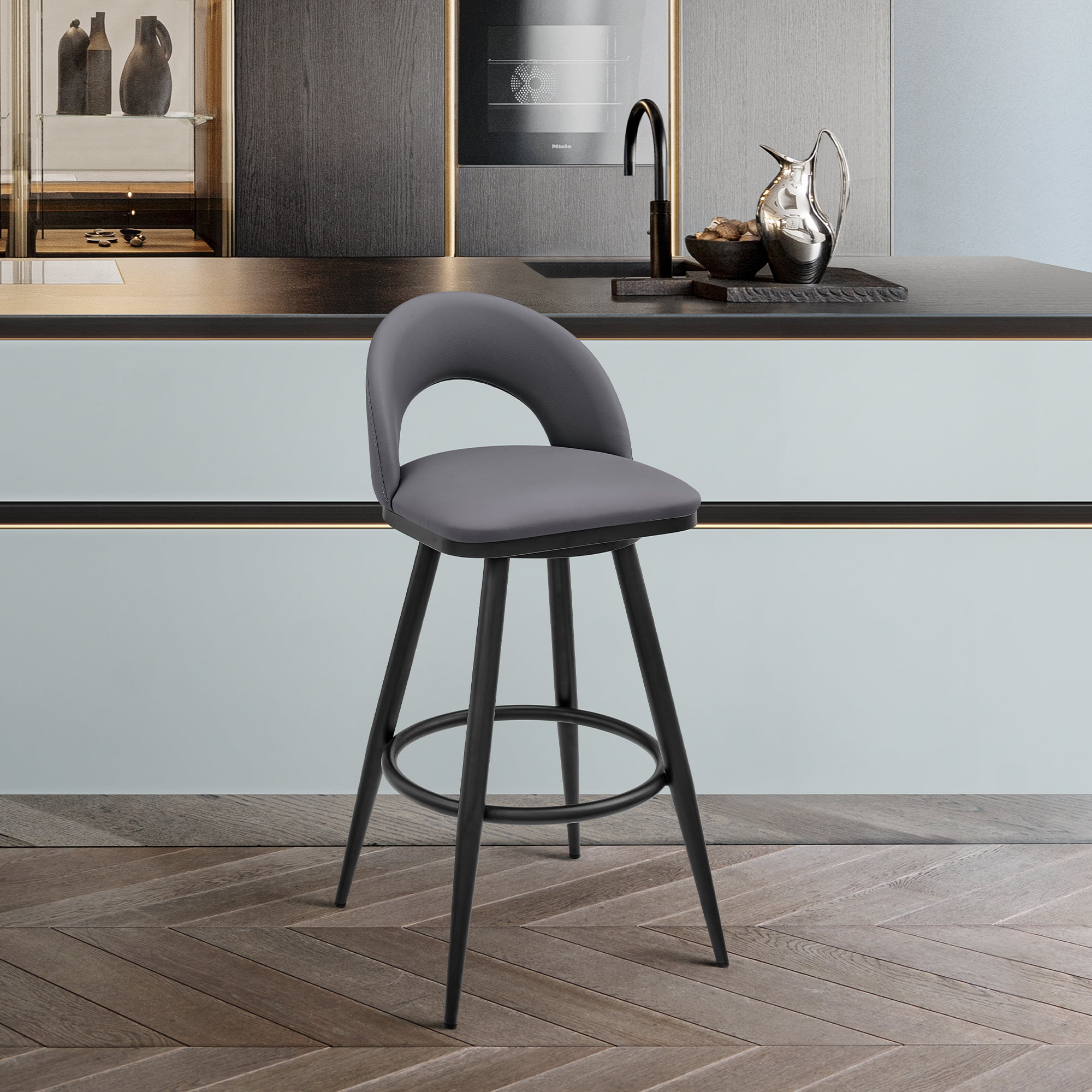 Homiyad Swivel Bar Stool In Black Metal with Gray Faux Leather ...