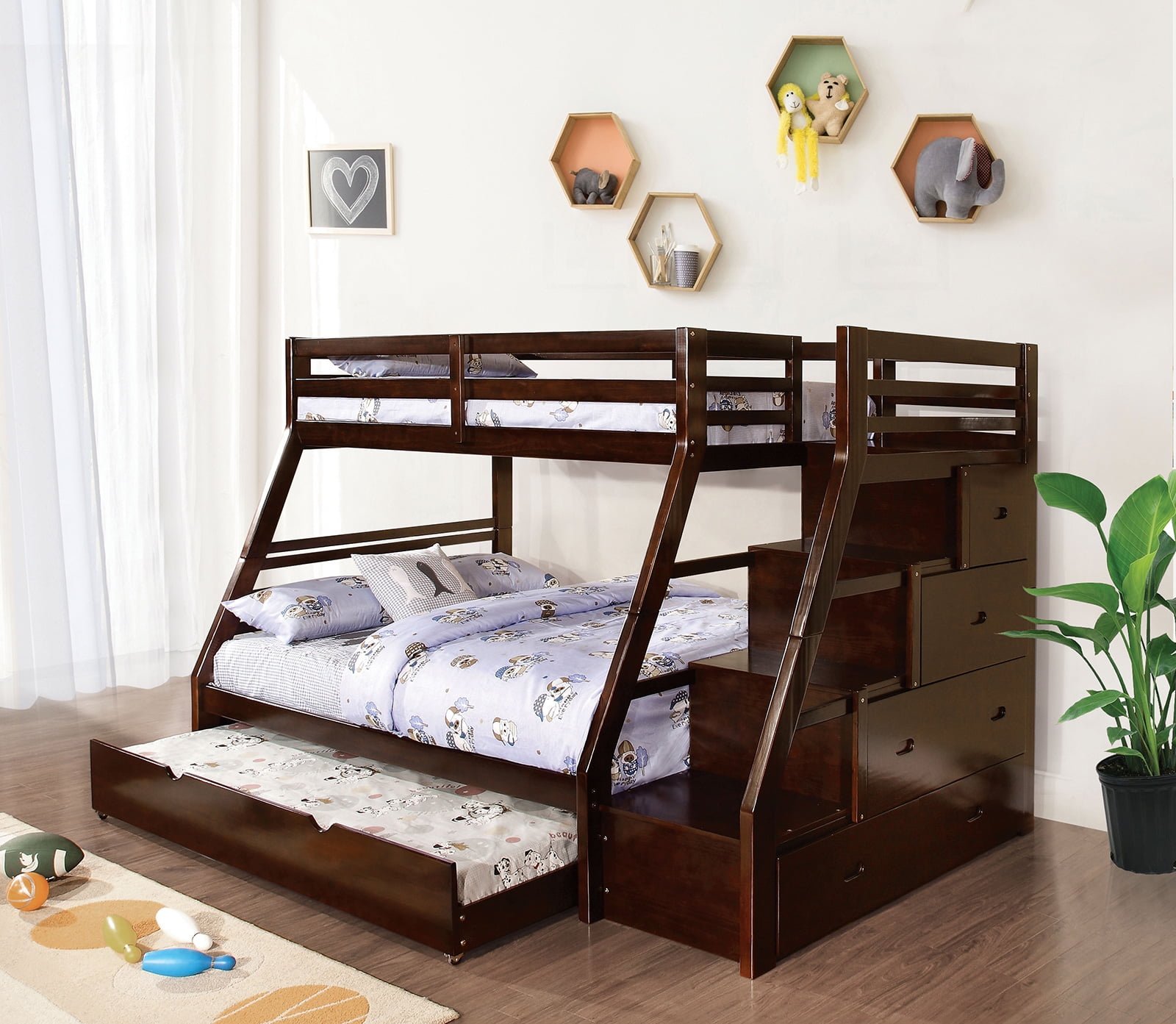 Homiyad Transitional Style Twin Over Full Bunk Bed with Rails and Lock ...