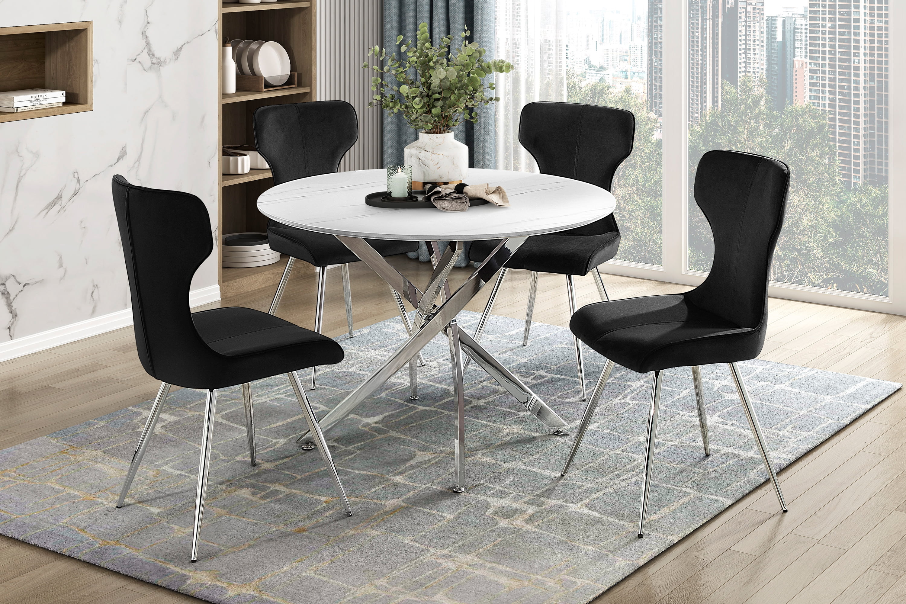 Homiyad Ultra Modern Dining Set 5Pc Faux Marble Round Table and 4X Side ...