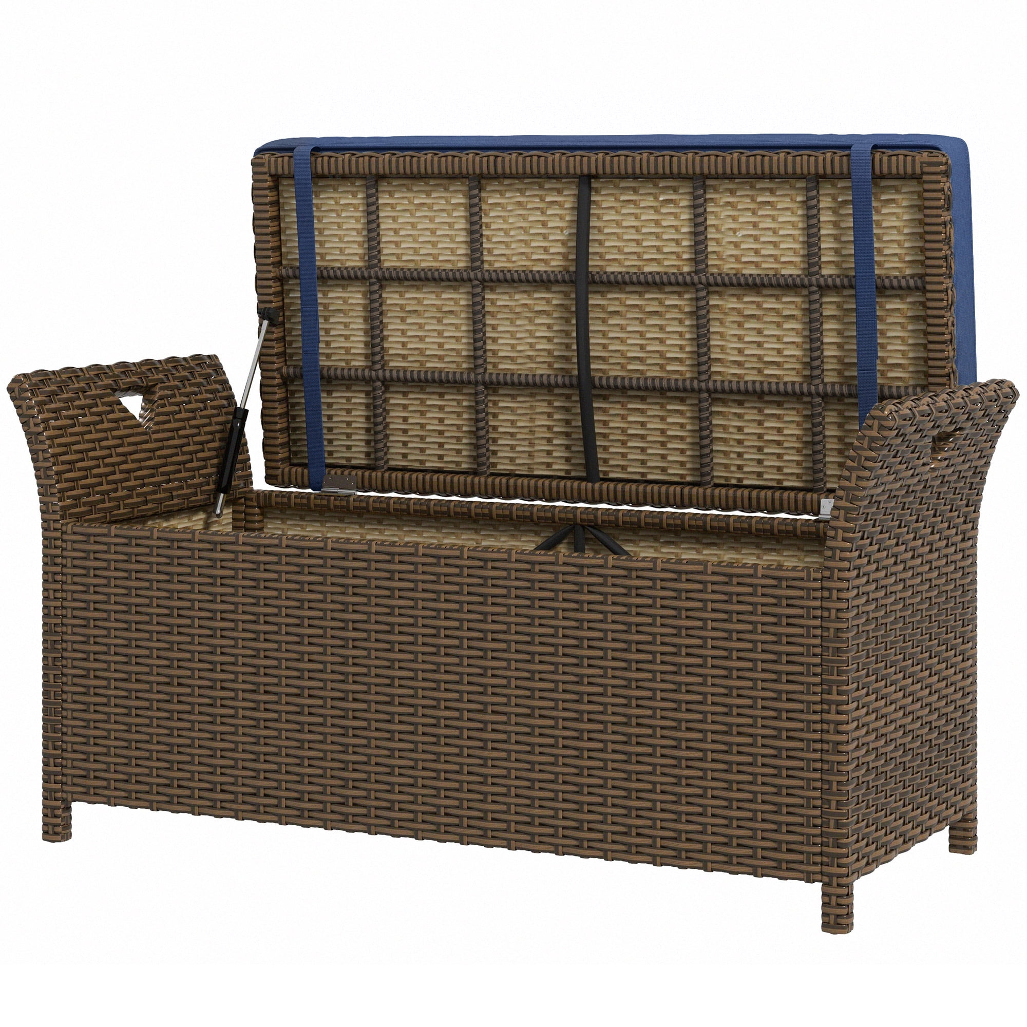Homiyad Wicker Patio Storage Bench with Cushion Top, Dark Blue, Outdoor ...