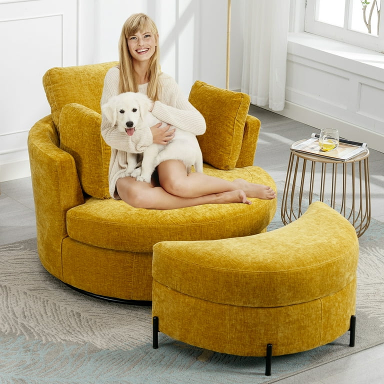 Homlike Oversized Swivel Accent Barrel Chairs and Ottoman Set Modern Comfy Round Reading Sofa Cuddle Lounge Chair for Living Room w 4 Pillow Yellow