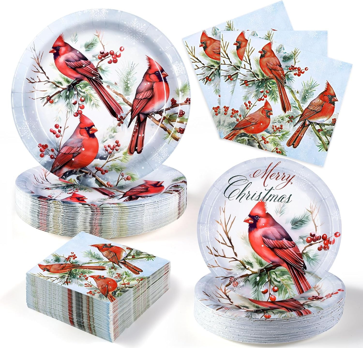 Homlouue 200 PCS Christmas Paper Plates and Napkins Red Cardinal Bird ...
