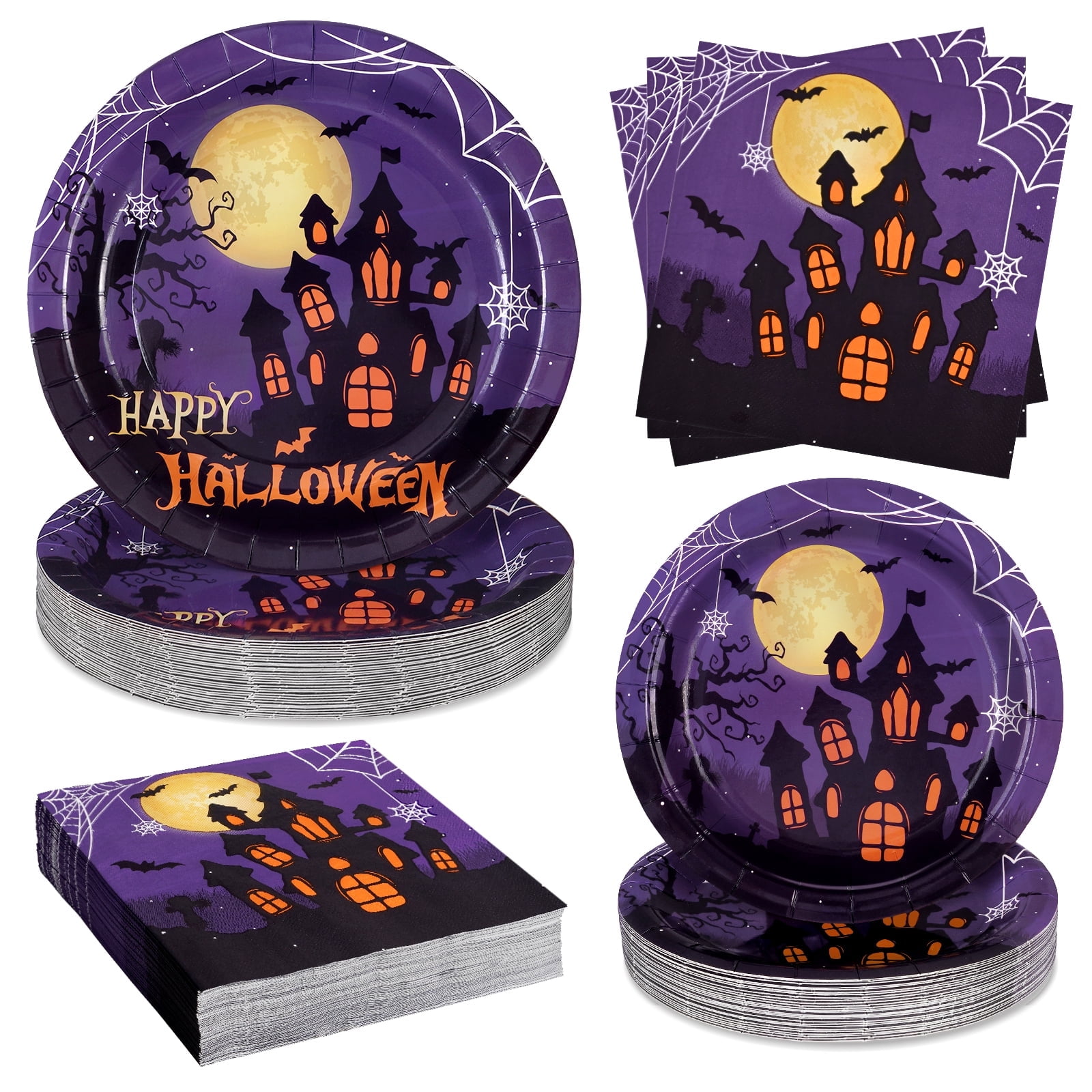 Waipfaru 200 PCS Halloween Paper Plates and Napkins Purple Disposable ...