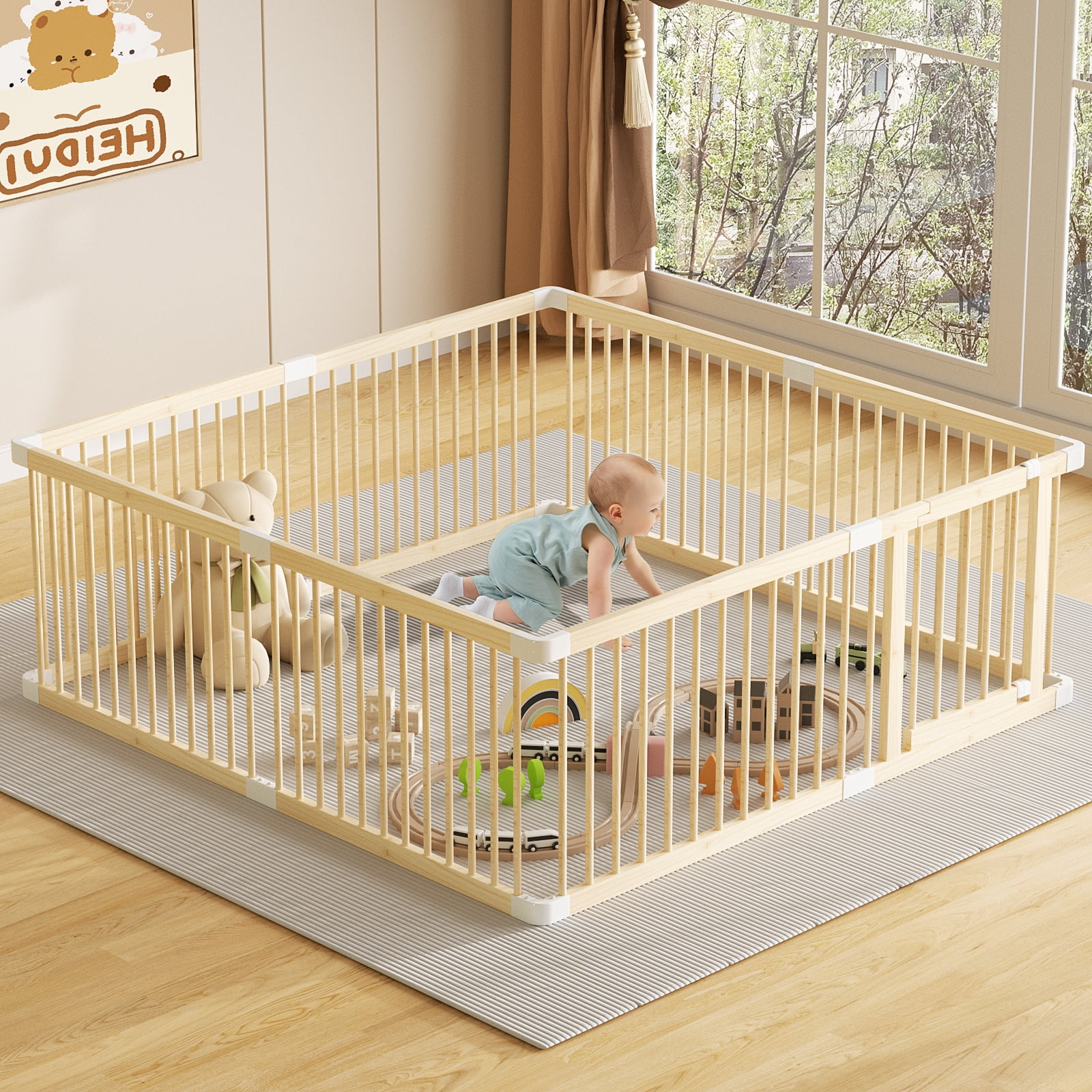 Homlux Large Wooden Baby Playpen with Gate, Adjustable Panel Play Yard ...