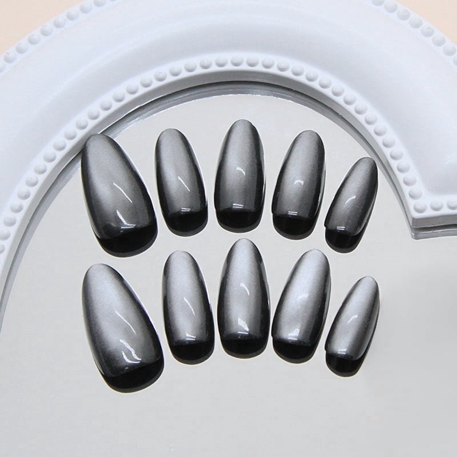 Homlyo Black Cat Eye Press On Nails, Medium Almond Shaped Metallic Fake ...