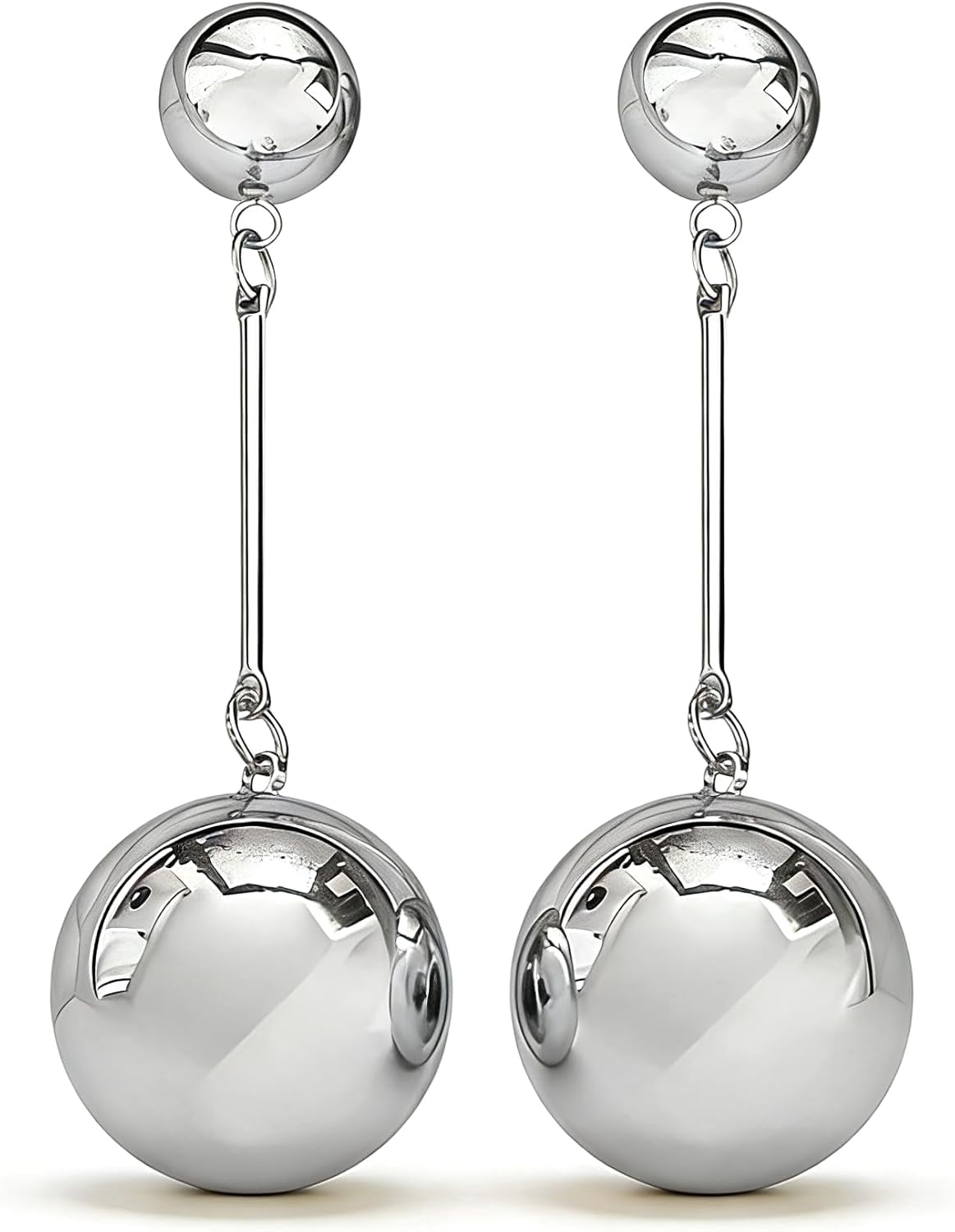 Homlyo Sleek Silver Two Ball Long Drop Earrings, Polished Stainless ...