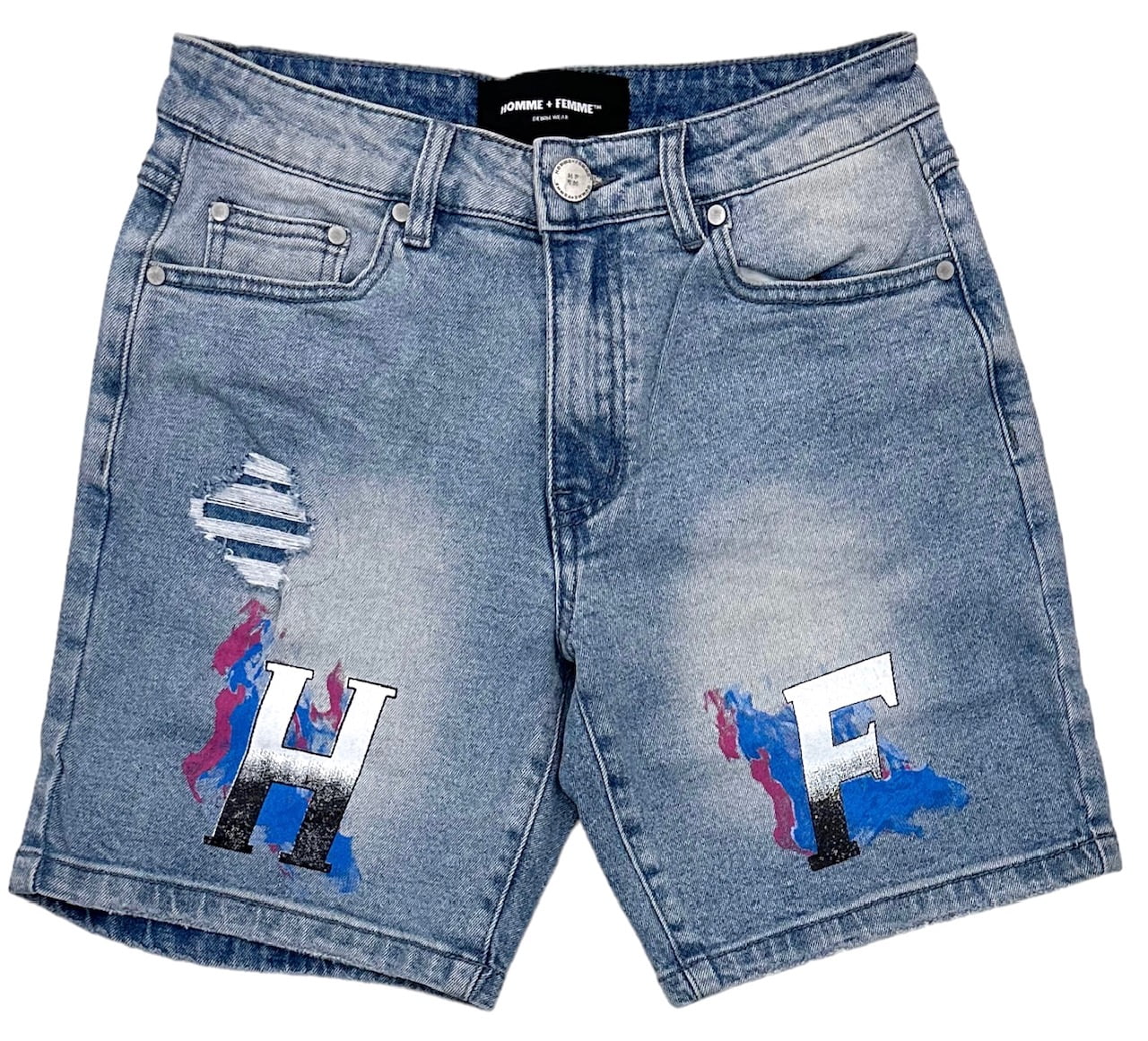 Homme + Femme Men's Hand Paint Logo Distressed Denim Jean Shorts With ...