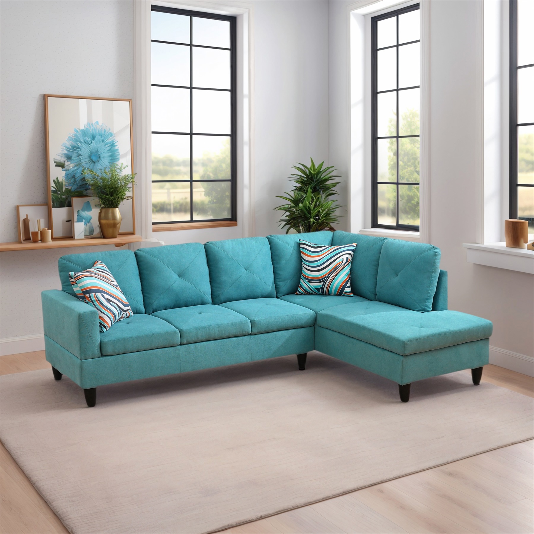Hommoo 2-Piece Flannel L-Shaped Sectional Couches and Sofa Set, Modern ...