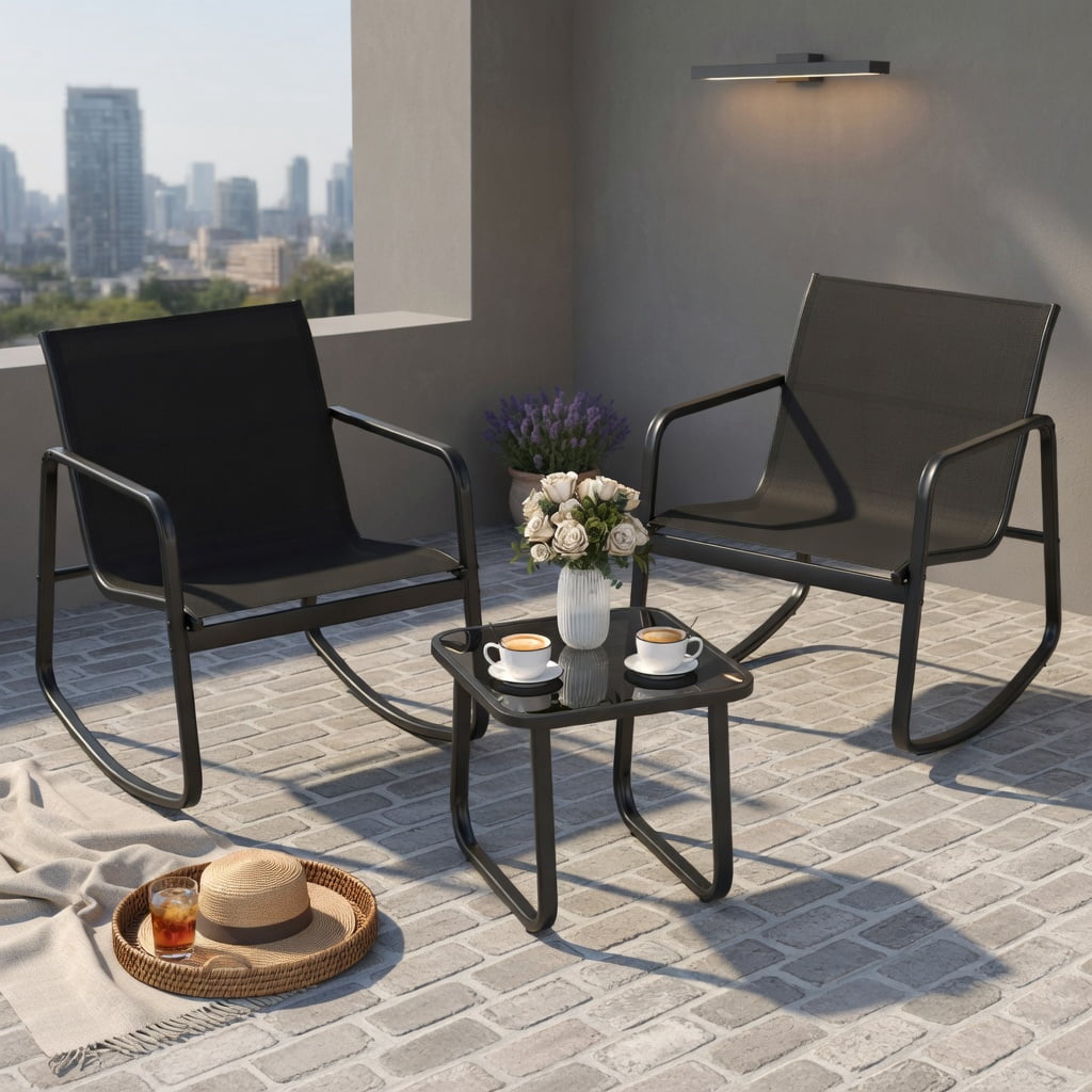 Hommoo 2-Piece Rocking Bistro Set with Tempered Glass Table, Outdoor ...