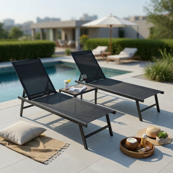 Hommoo 3-Piece Outdoor Patio Chaise Lounge Chair Set with Coffee Table ...